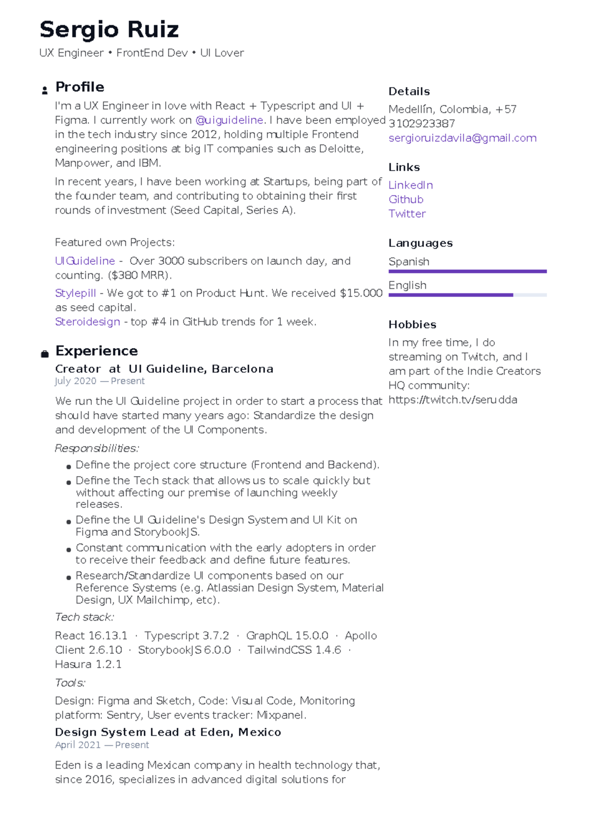 Sergio Ruiz - Resume - UX Engineer • Front End Dev • UI Lover - Sergio Ruiz UX Engineer ...