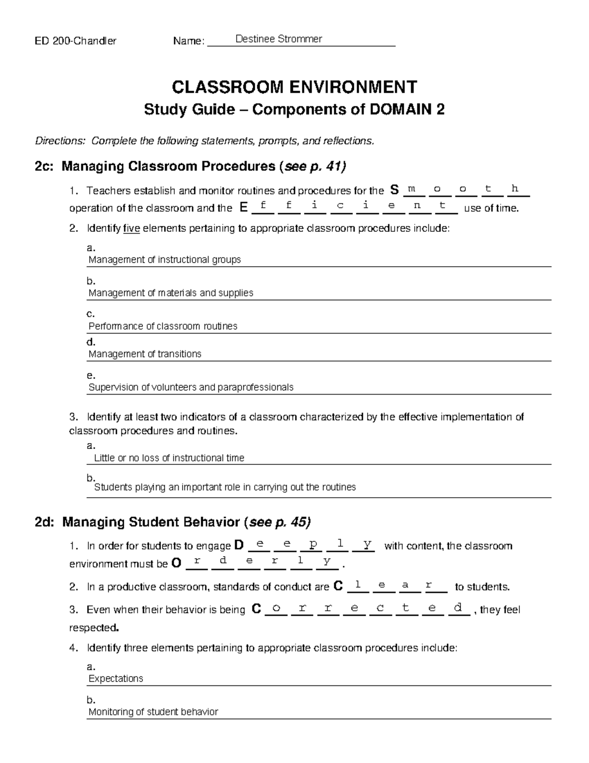 Danielson 2c d study guide - ED 200-Chandler Name ...
