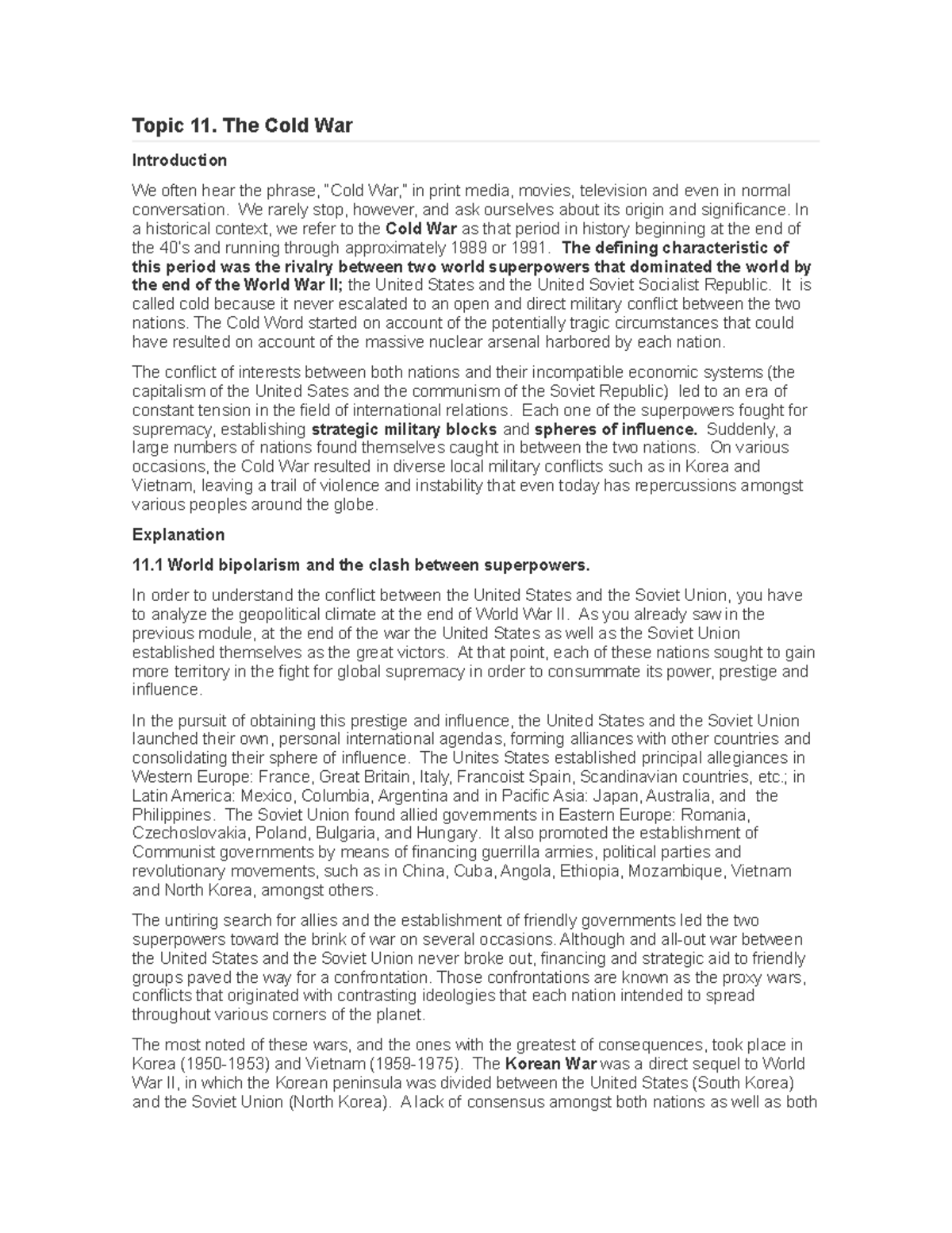 Topics (11-15) - Topic 11. The Cold War Introduction We often hear the ...