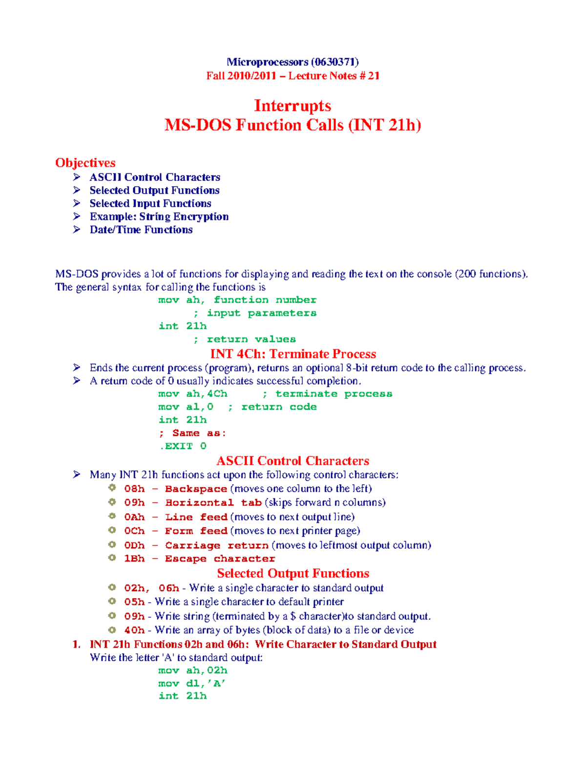 MS-DOS Function Calls INT 21h - Microprocessors (0630371) Fall 2010/ ...