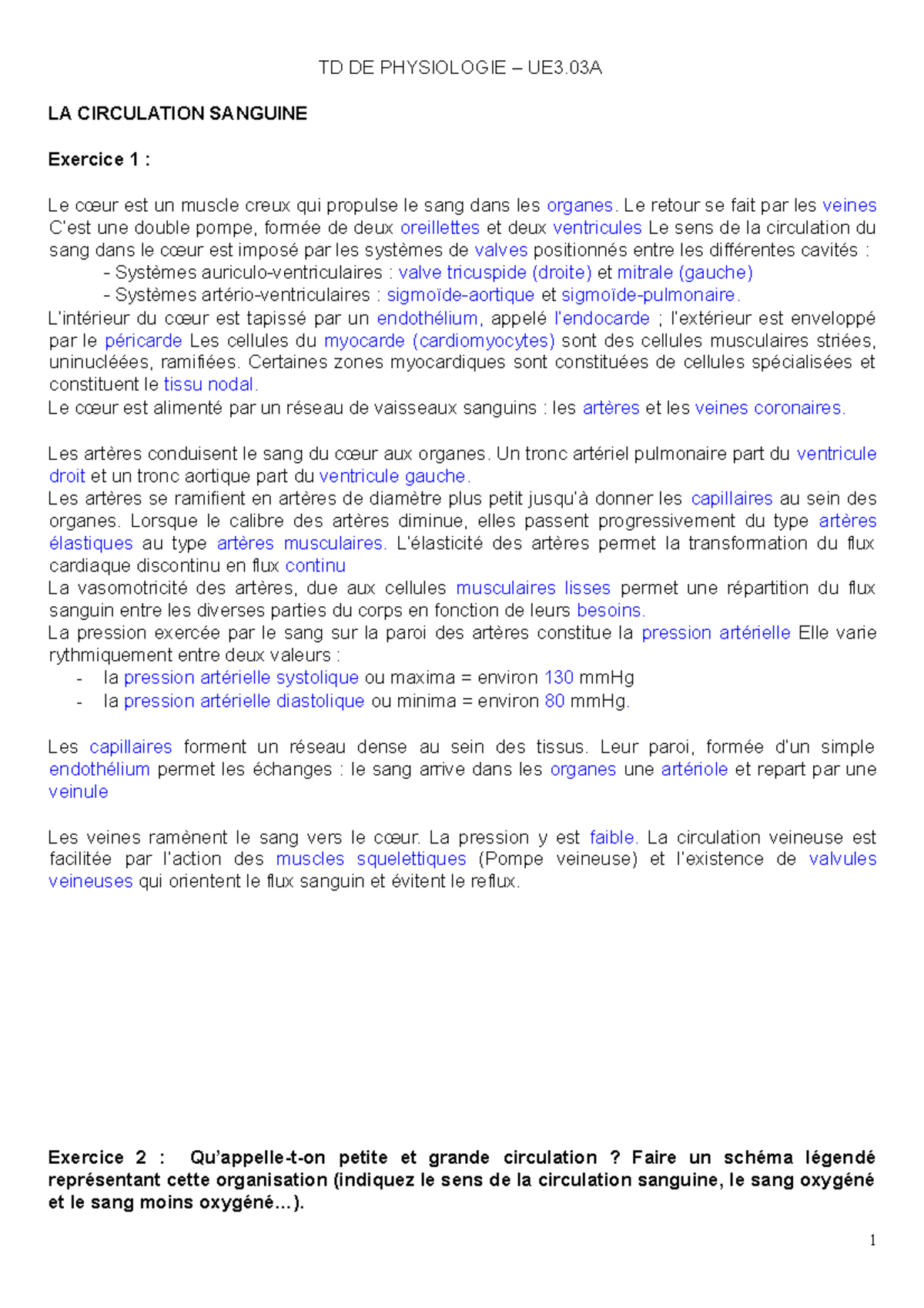 TD rappels système cardiovasculaire - TD DE PHYSIOLOGIE – UE3 LA CIRCULATION SANGUINE Exercice 1 ...