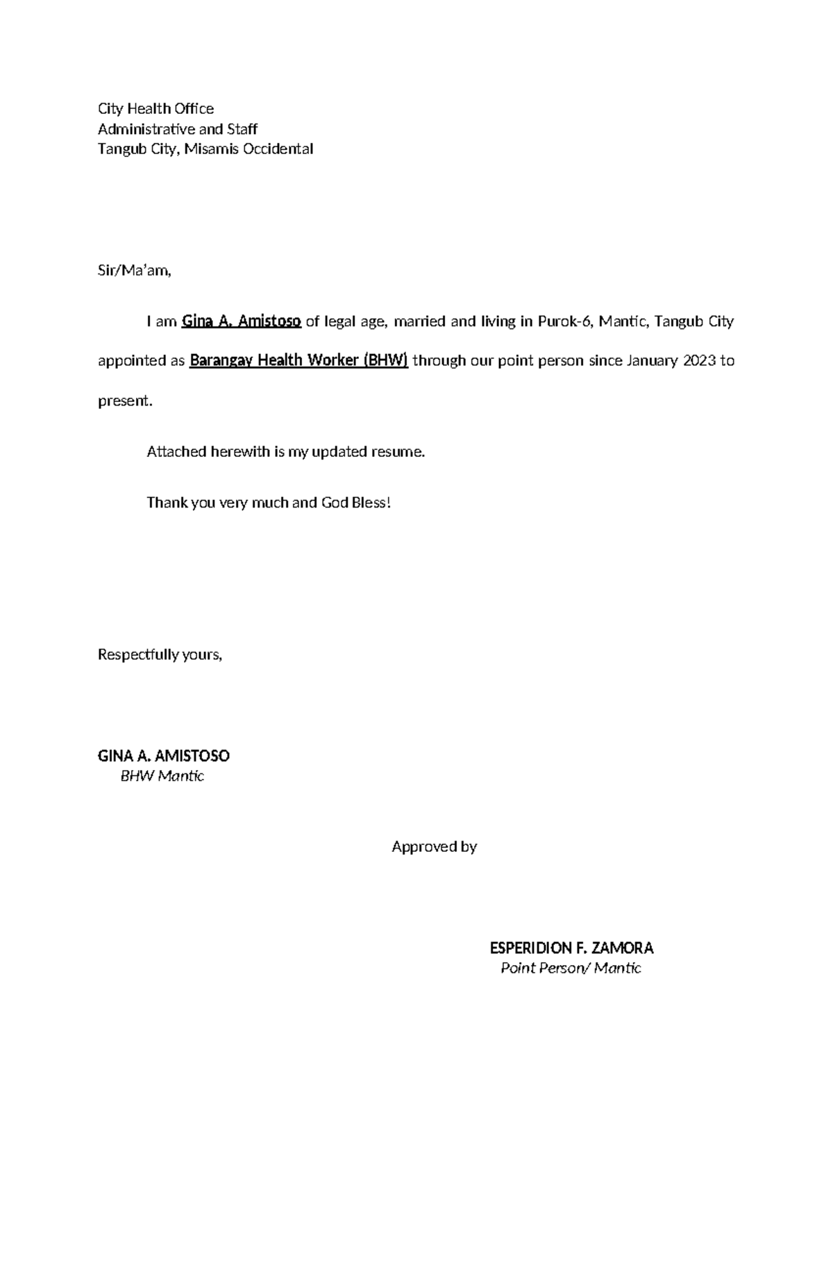 City Health Office Application BHW - Administrative and Staff Tangub ...