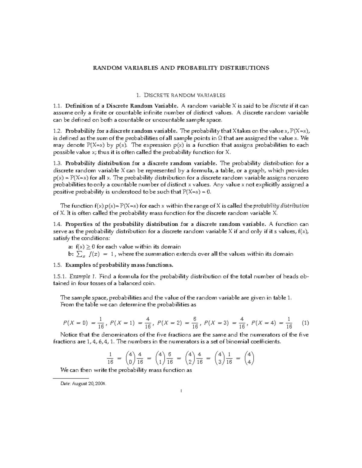 RV Prob Distributions - random variable along with examples - 1. DISCRETE RANDOM VARIABLES - Studocu