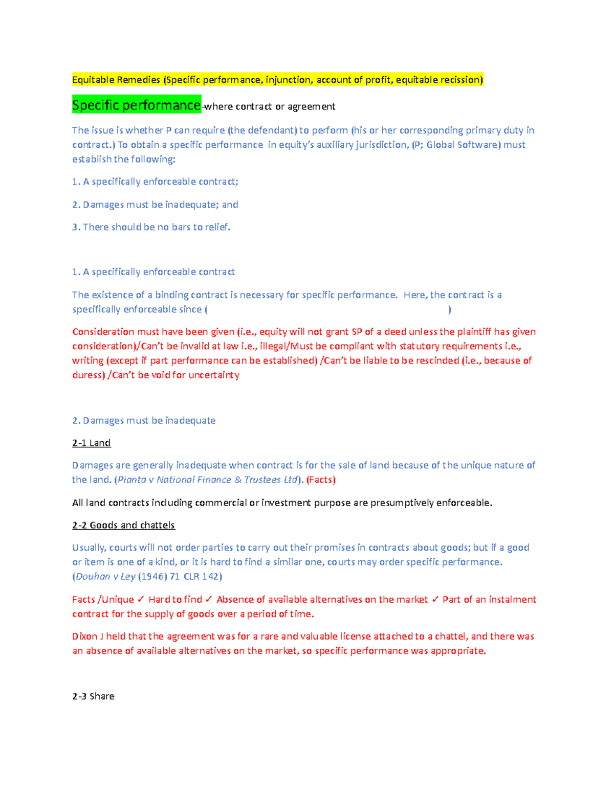 Specific performance final exam prep - Equitable Remedies (Specific ...