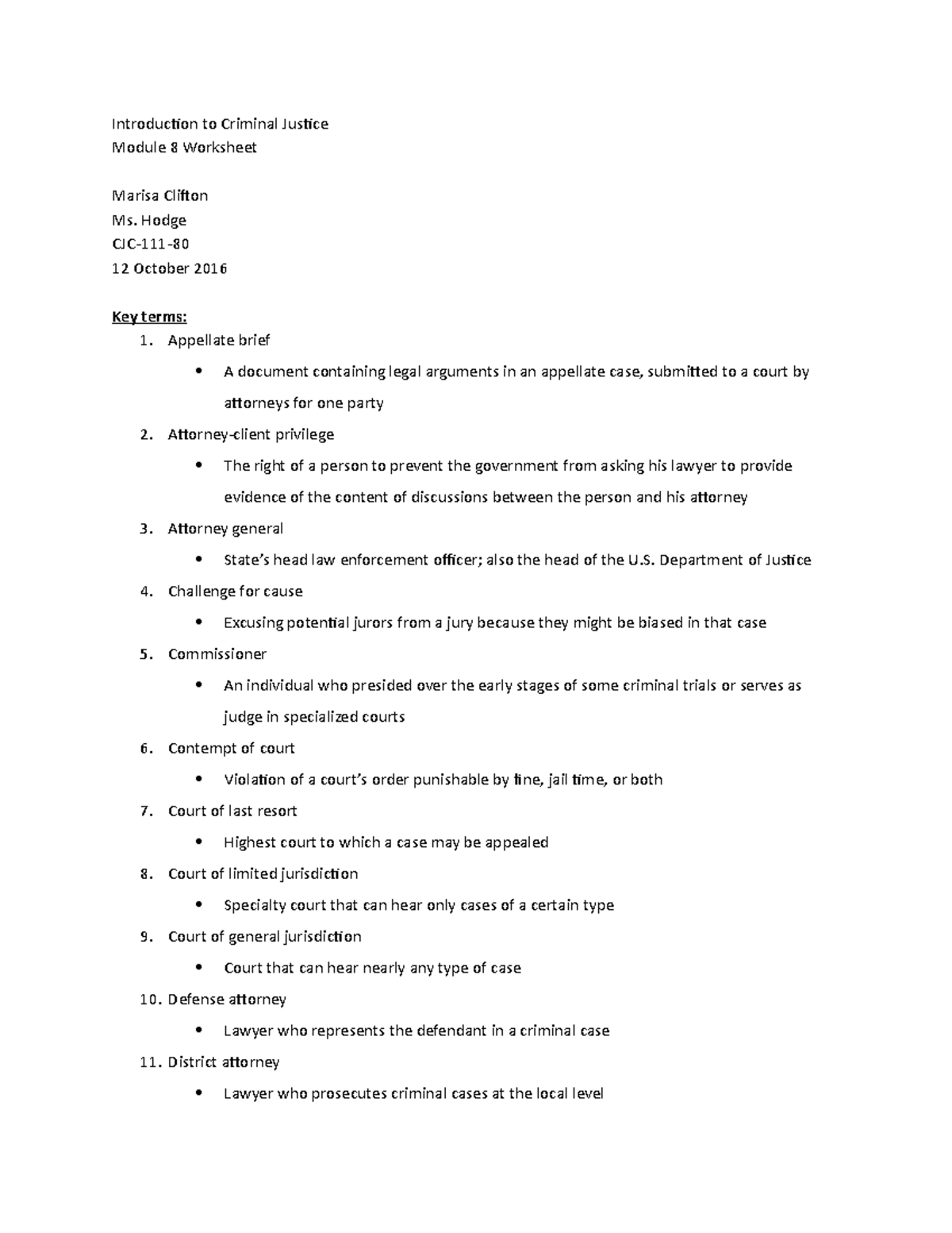 Chapter 8 worksheet - Introduction to Criminal Justice Module 8 ...