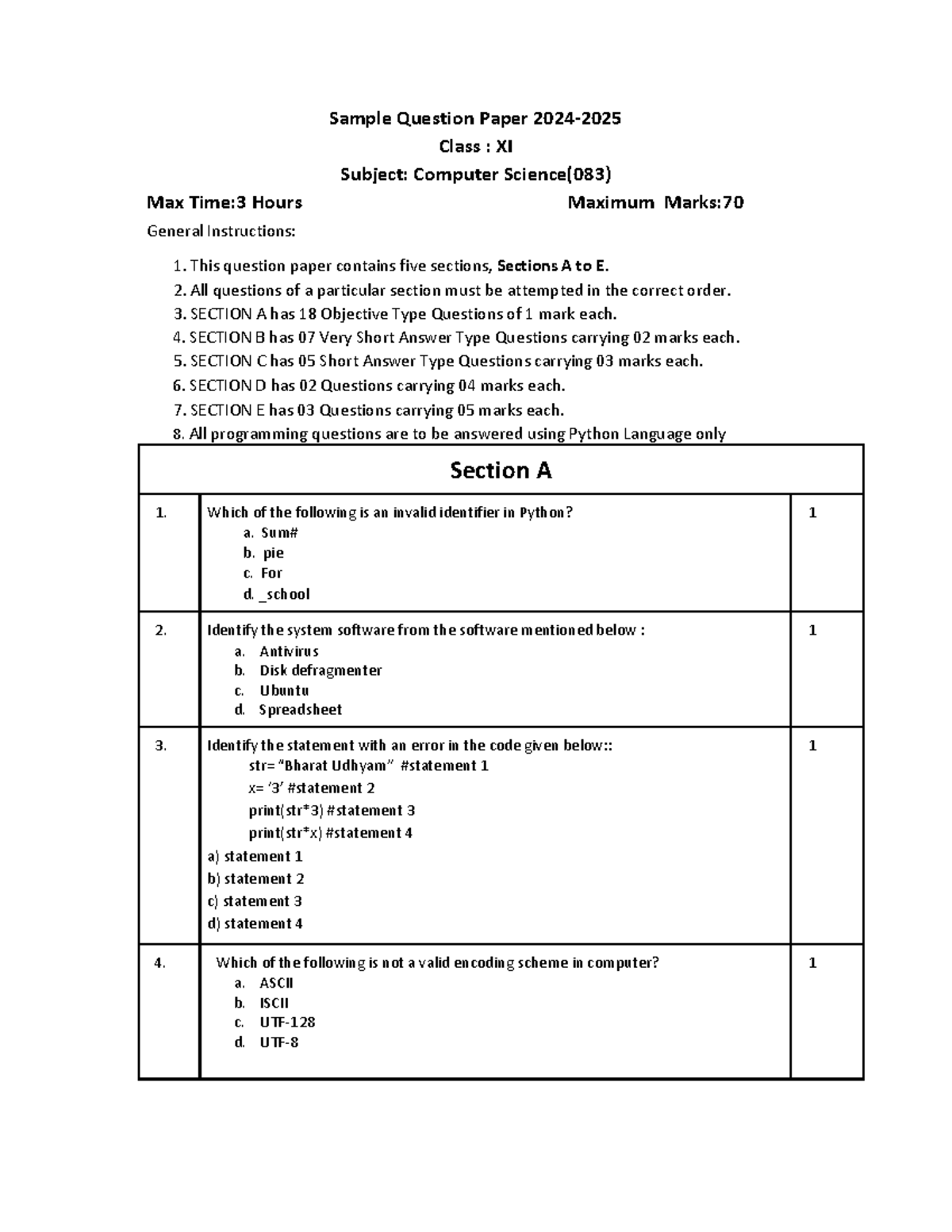 XI-SQP CS 2024 25 - Jjjj - Sample Question Paper 2024- Class : XI Subject: Computer Science(083 ...