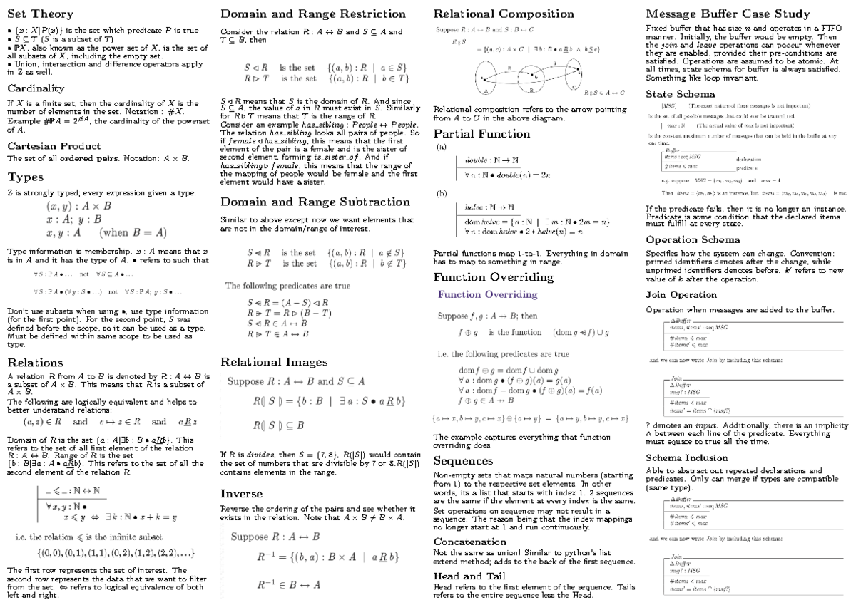 CS4211 cheatsheet - Set Theory {x : X|P (x)} is the set which predicate ...