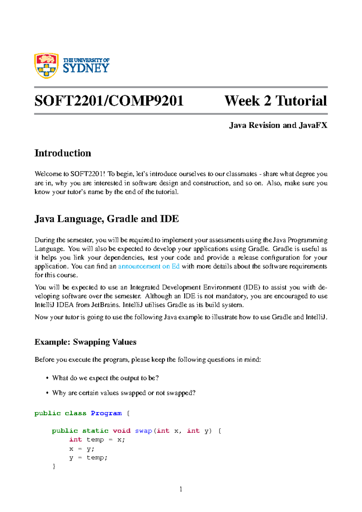 Tutorial W2 Java Revision Java FX - SOFT2201/COMP9201 Week 2 Tutorial ...