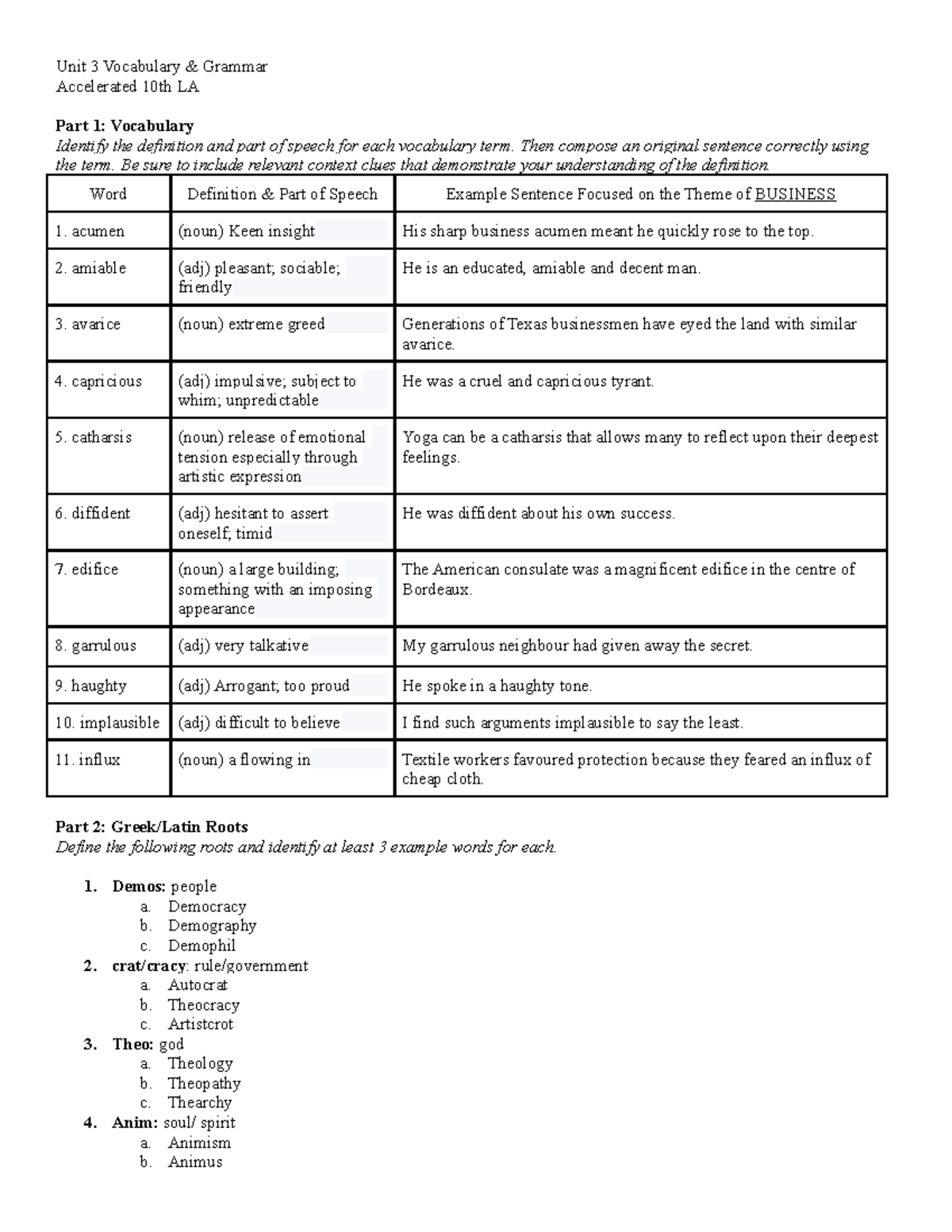 ACT Unit 3 packet - biology - Unit 3 Vocabulary & Grammar Accelerated ...