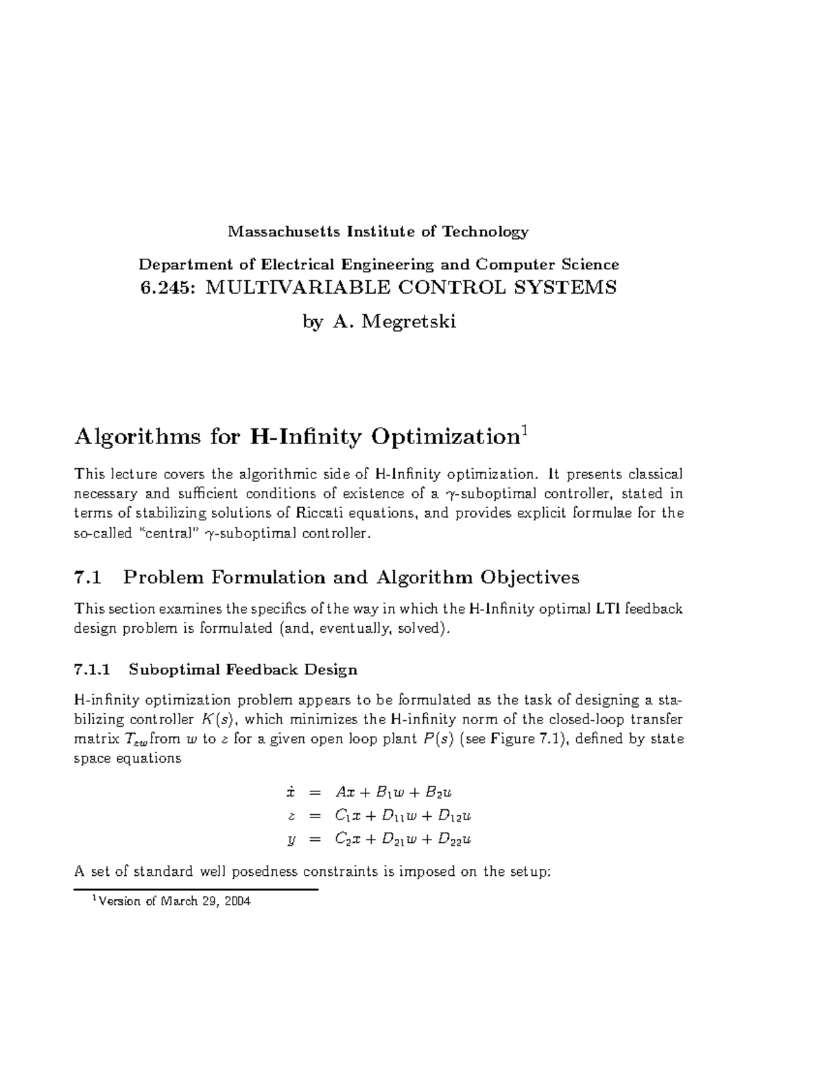 Algorithms for H-Infinity Optimization (PDF) - Massachusetts Institute ...
