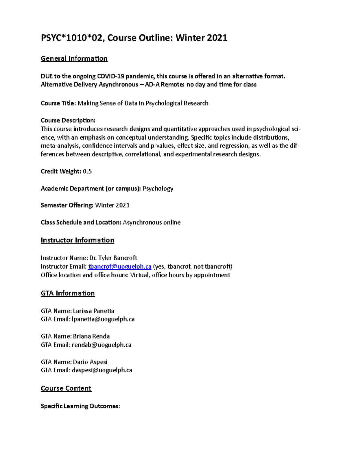 PSYC 1010 W2021 Bancroft (final) Outline - PSYC101002, Course Outline: Winter 2021 General - Studocu