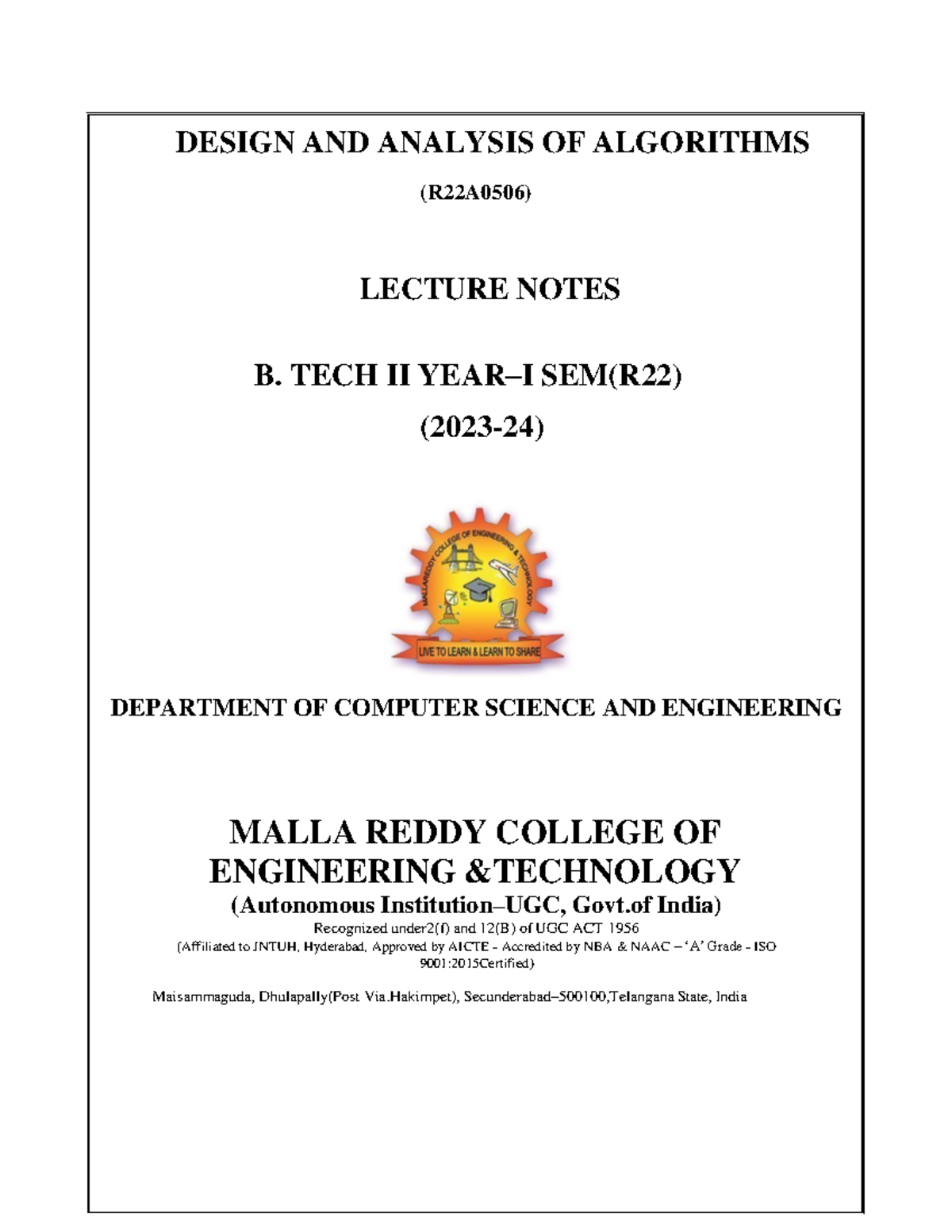 DAA(R22 A0506) - Notes - DESIGN AND ANALYSIS OF ALGORITHMS (R22A0506 ...