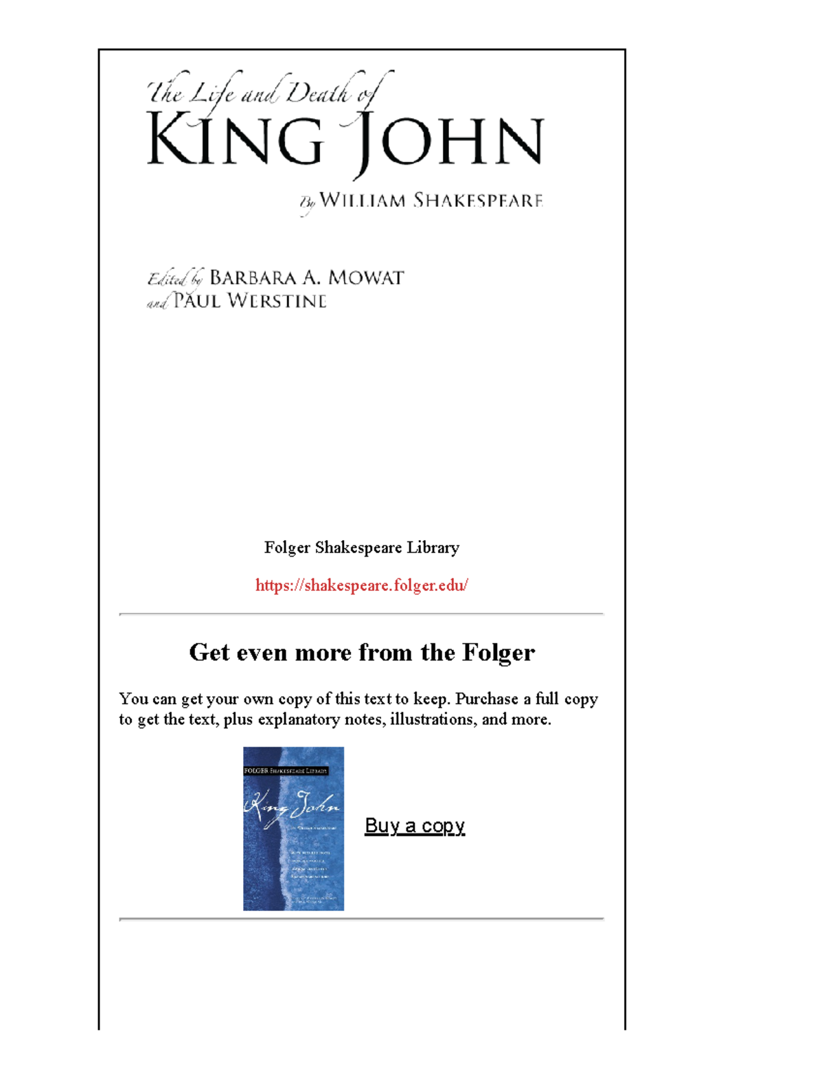 King-john PDF Folger Shakespeare - Get even more from the Folger You can get your own copy of ...
