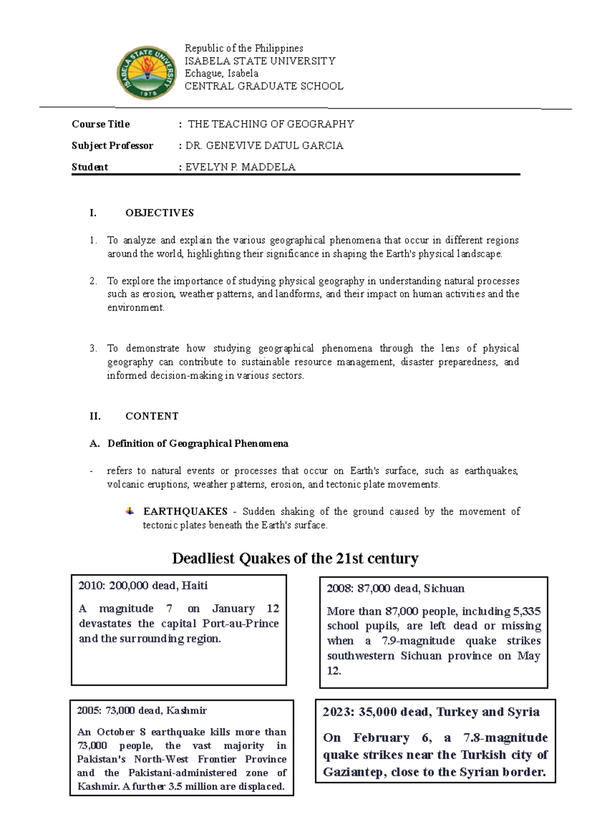 TOR Physical Geography- Evelyn Maddela - Course Title : THE TEACHING OF ...