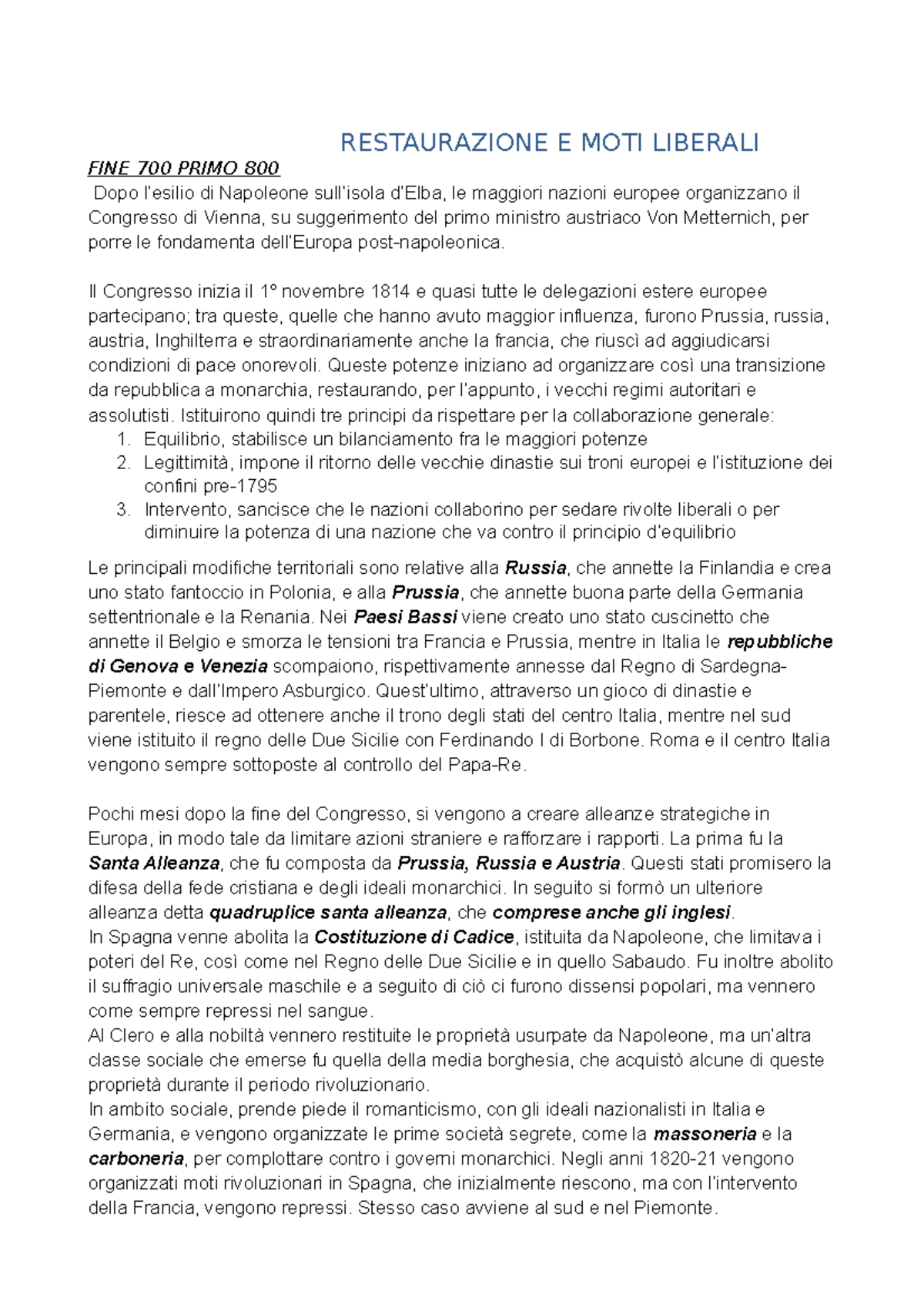 risorgimento italiano - RESTAURAZIONE E MOTI LIBERALI FINE 700 PRIMO 800 Dopo l’esilio di ...