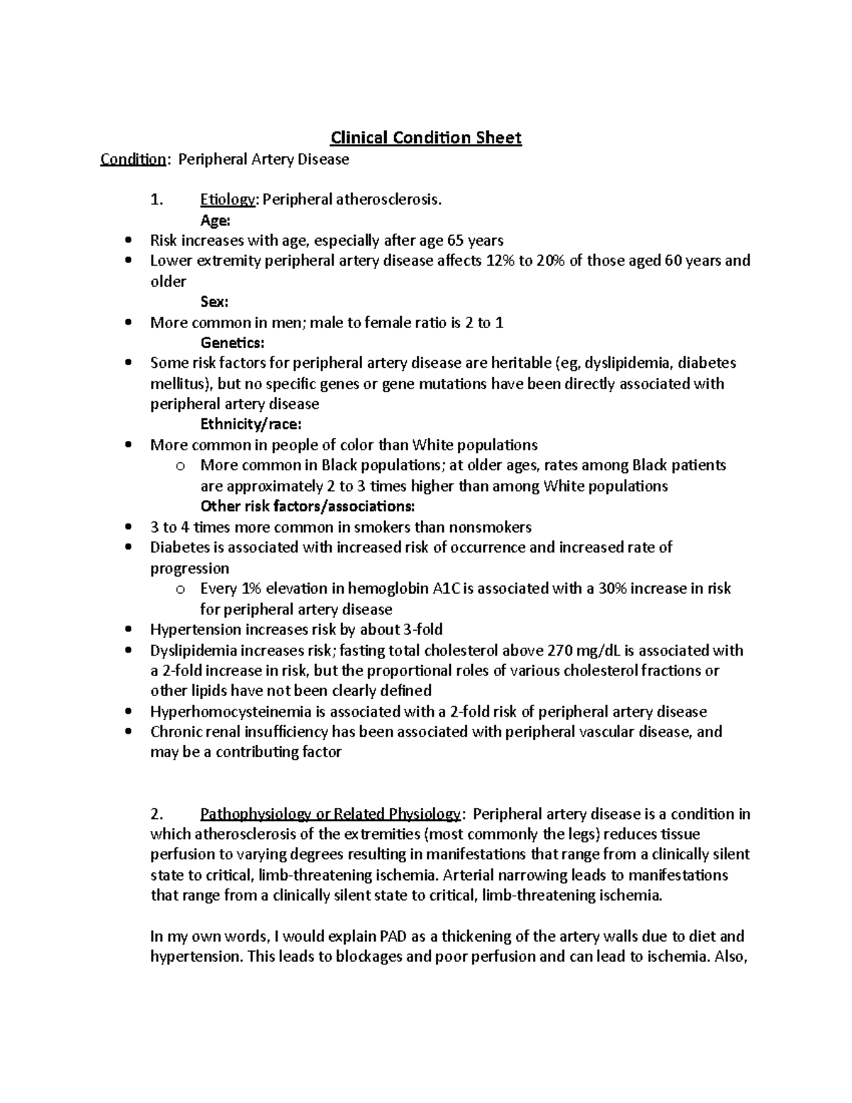 Week 8 Clinical Condition - Clinical Condition Sheet Condition ...