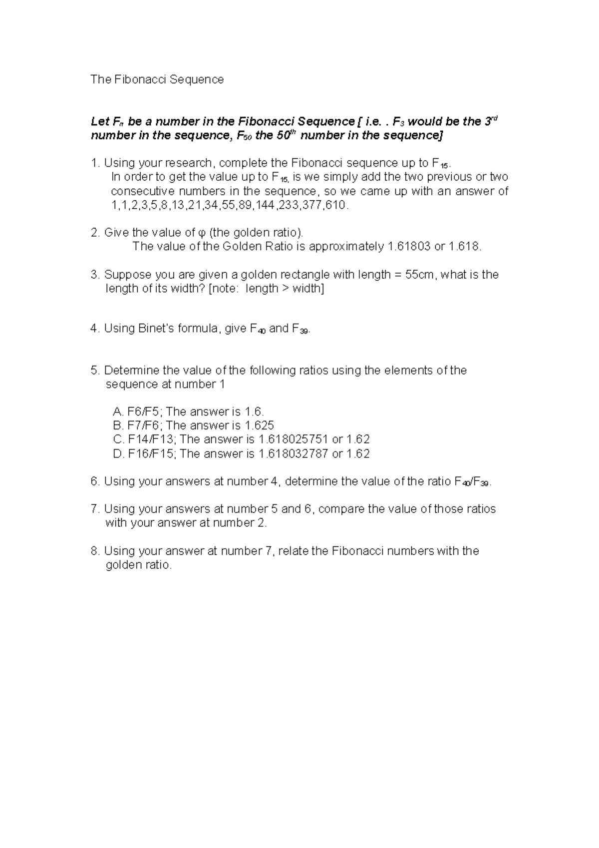 Fibonacci Sequence - Statistics sample question - The Fibonacci ...