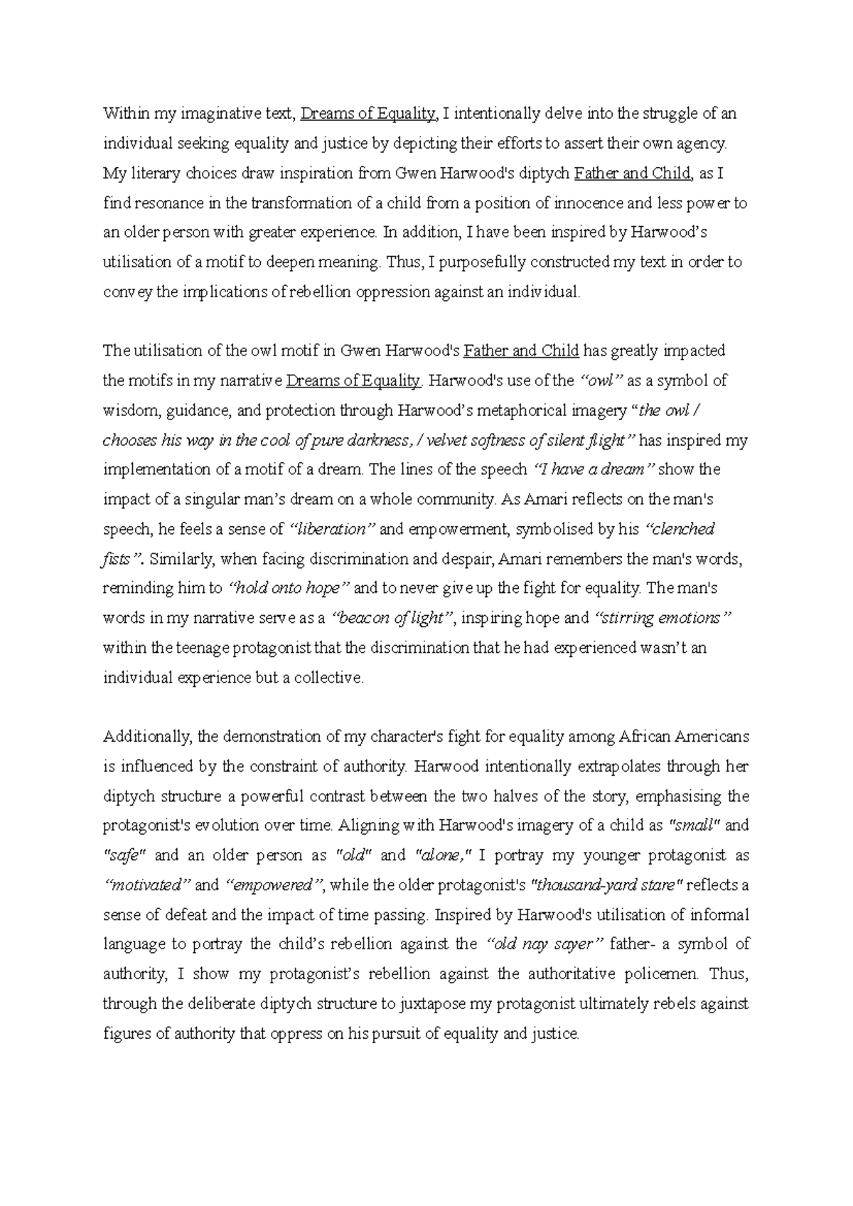 Module C Reflection - Within my imaginative text, Dreams of Equality, I ...