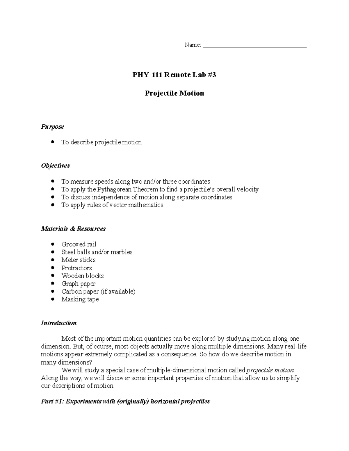 Phy 111 remote lab 03 - projectile motion - PHY 111L - USM - Studocu