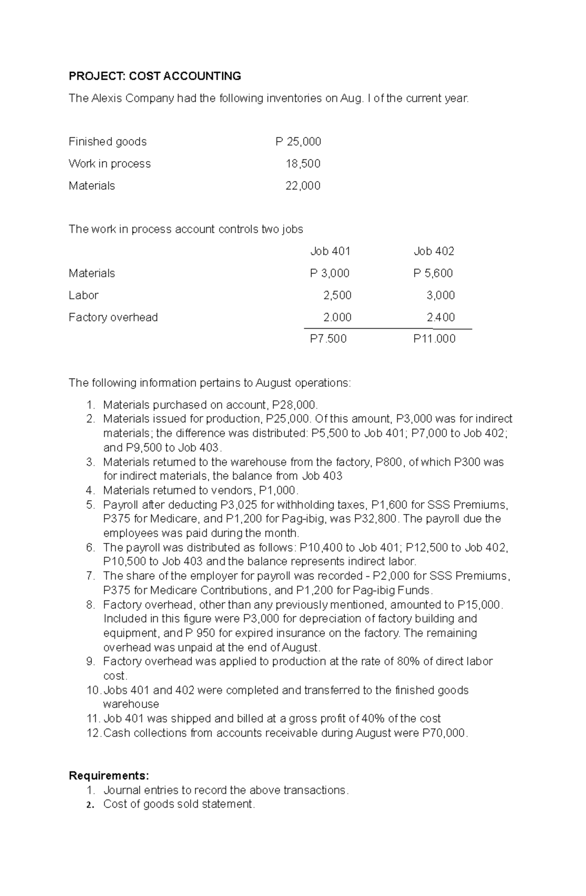 Project - controls - Cost Accounting and Control - OLFU - Studocu