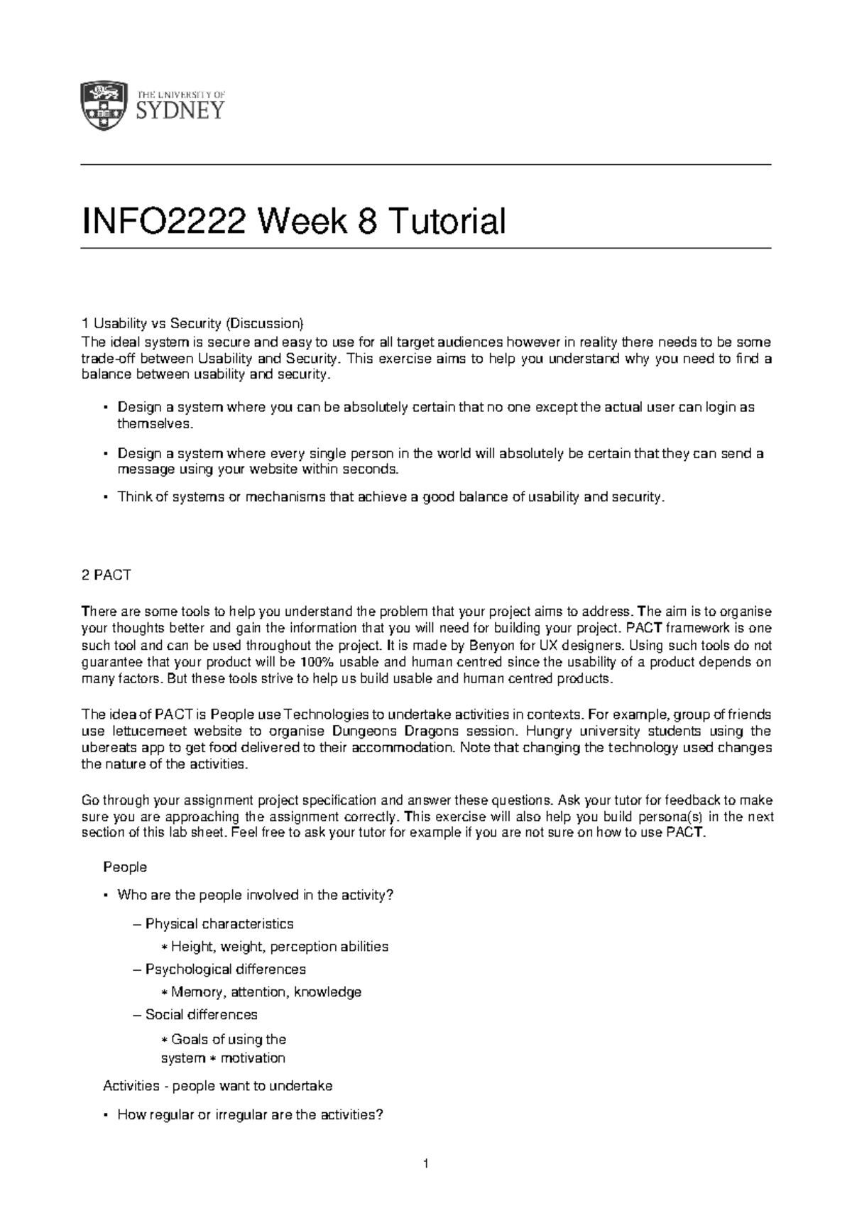INFO2222 Tutorial Week8 - INFO2222 Week 8 Tutorial 1 Usability vs Security (Discussion) The ...