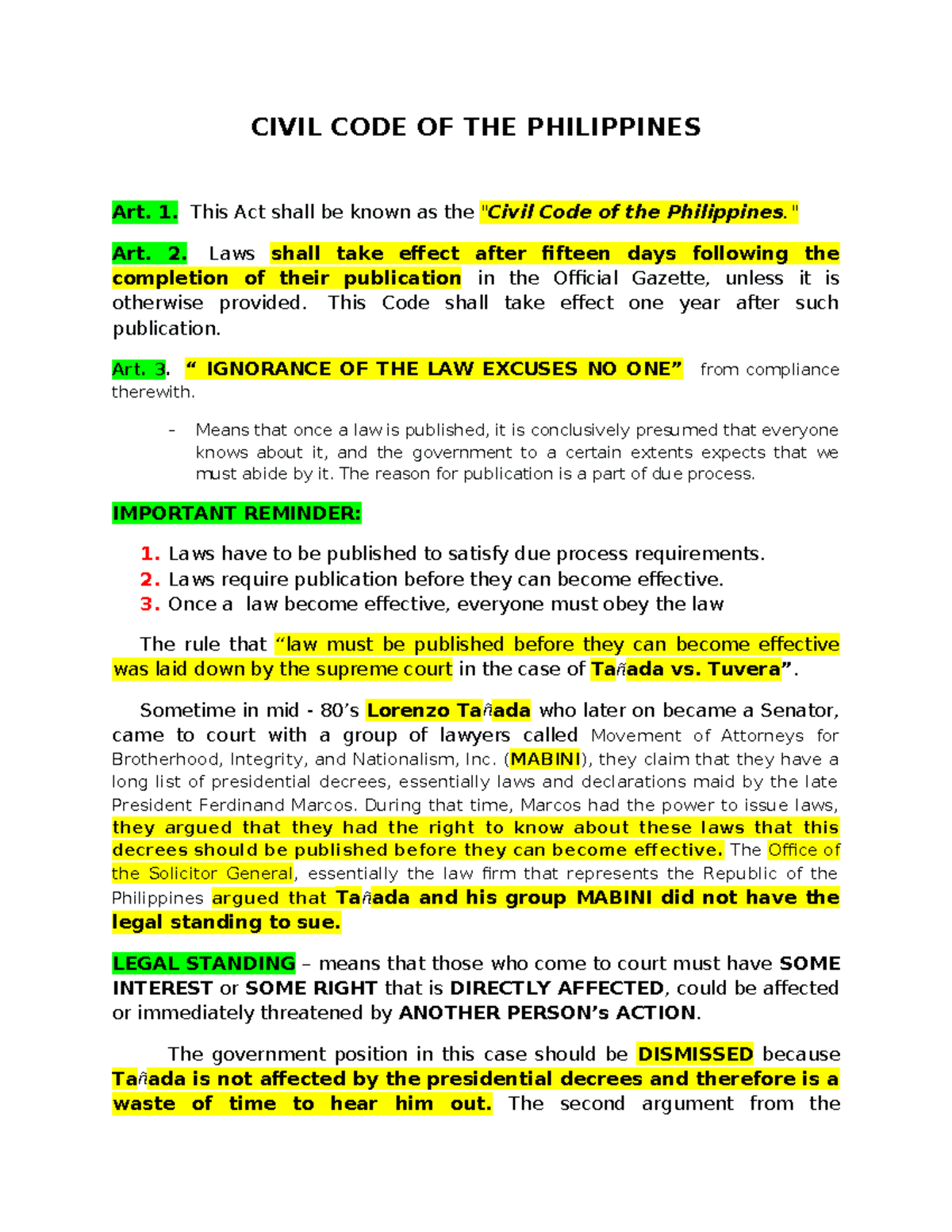 Civil CODE OF THE Philippines - CIVIL CODE OF THE PHILIPPINES Art. 1 ...