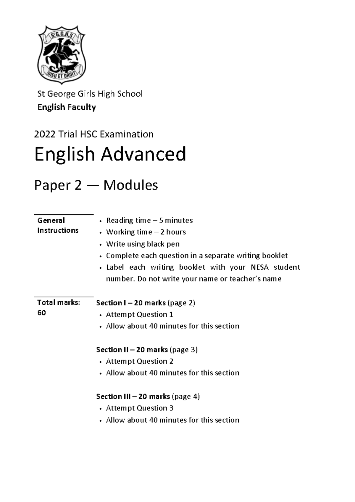 2022 Sgghs English Advanced Paper 2 - Final - St George Girls High ...