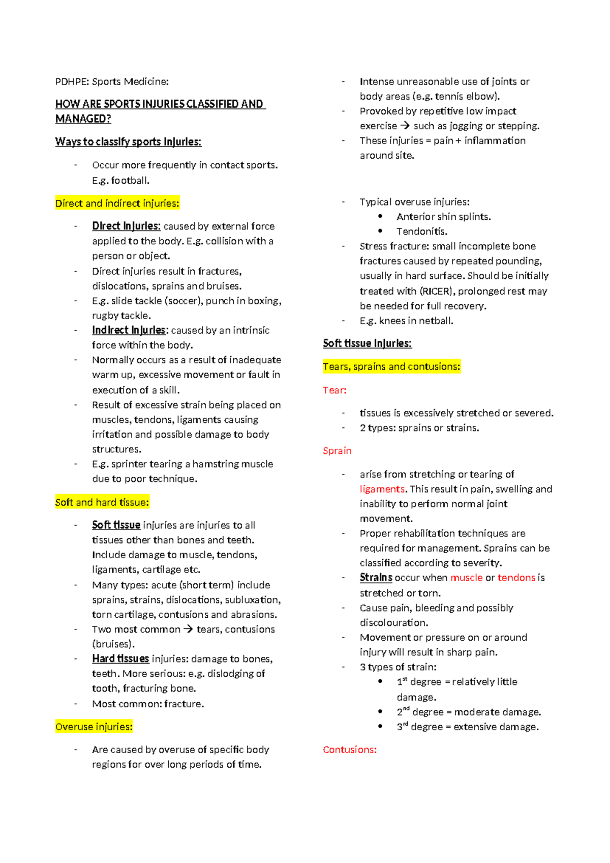 Pdhpe notes Option 1 - PDHPE: Sports Medicine: HOW ARE SPORTS INJURIES ...