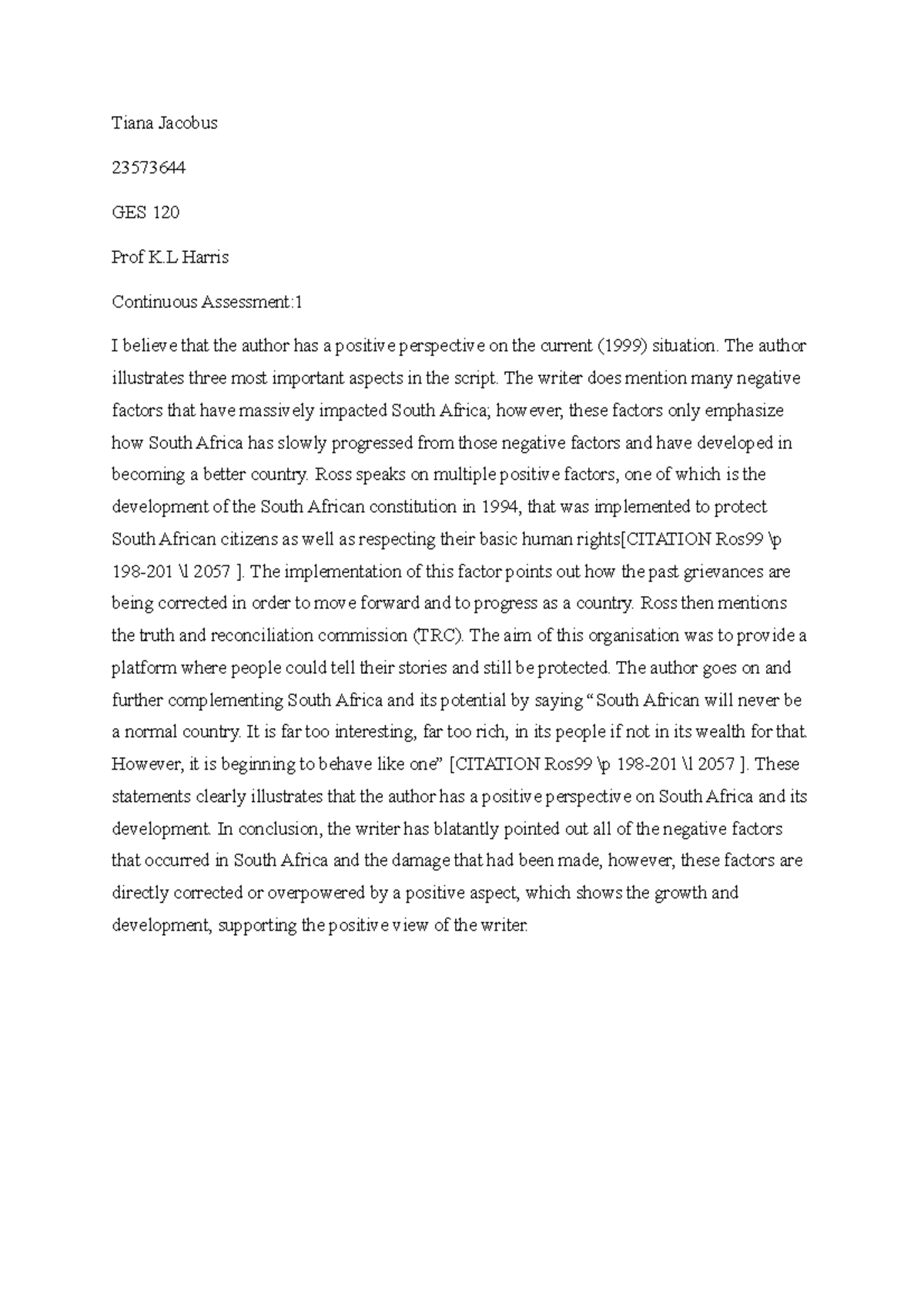 GES 120 Continuous Assignment one - Tiana Jacobus 23573644 GES 120 Prof ...