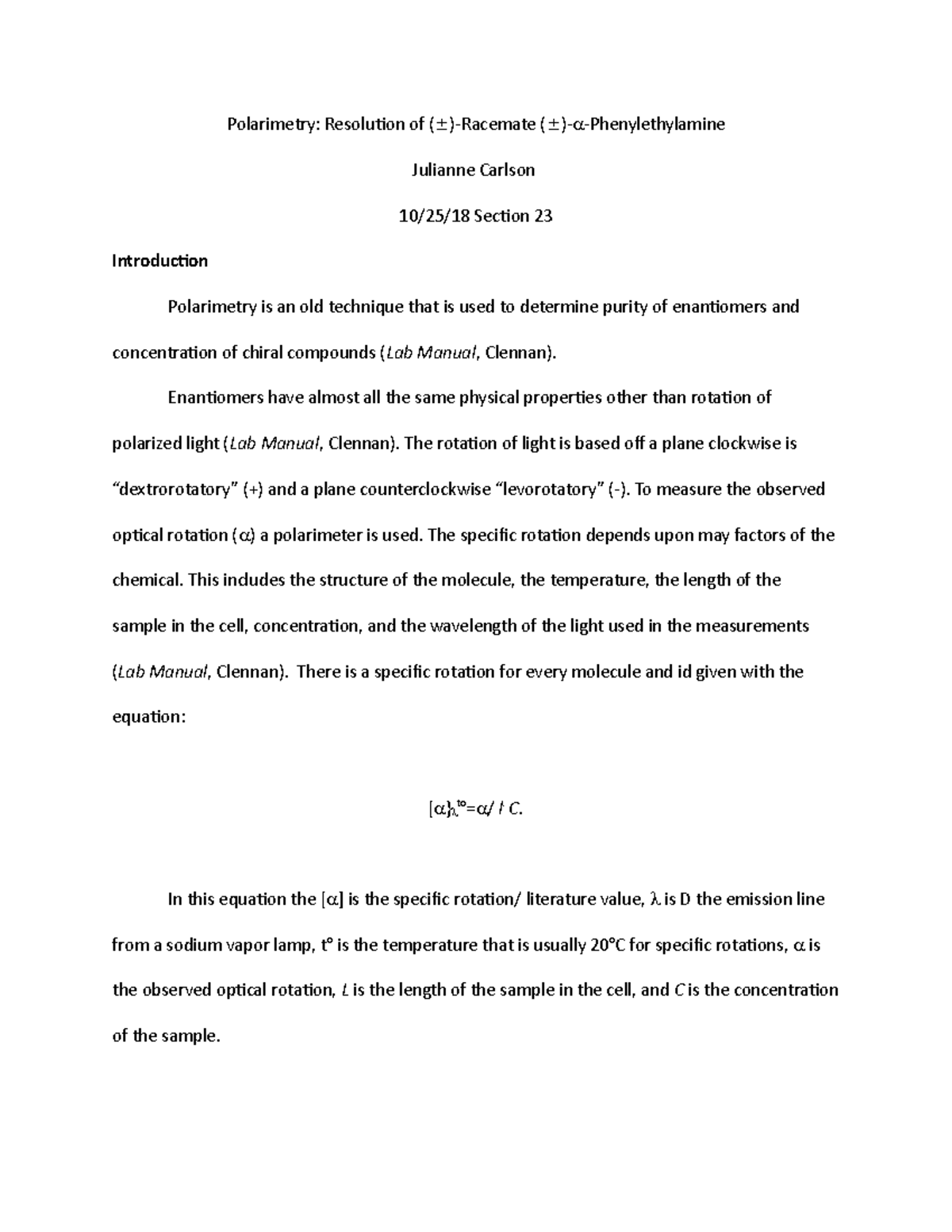 Ochem Lab#7 - Lab 7 - Polarimetry: Resolution of ( )-Racemate ...