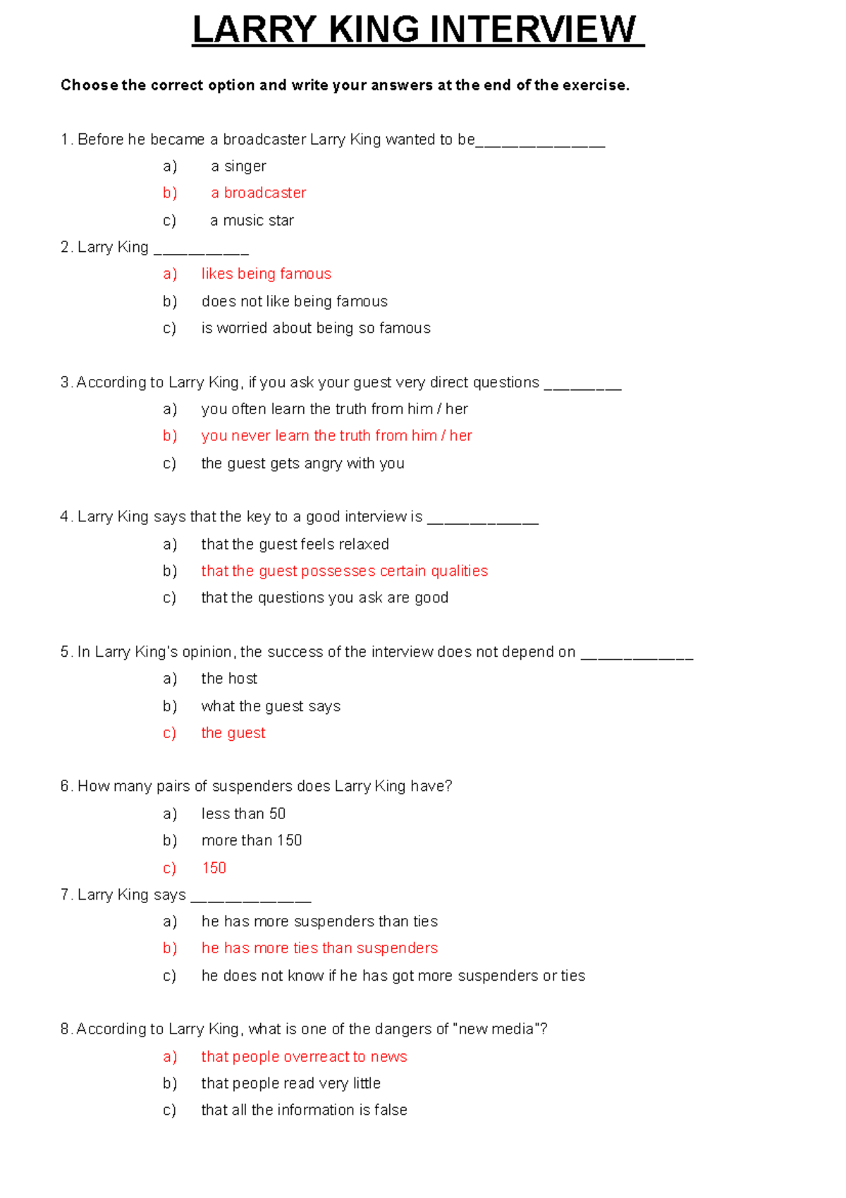 Larry KING Interview - LARRY KING INTERVIEW Choose the correct option ...