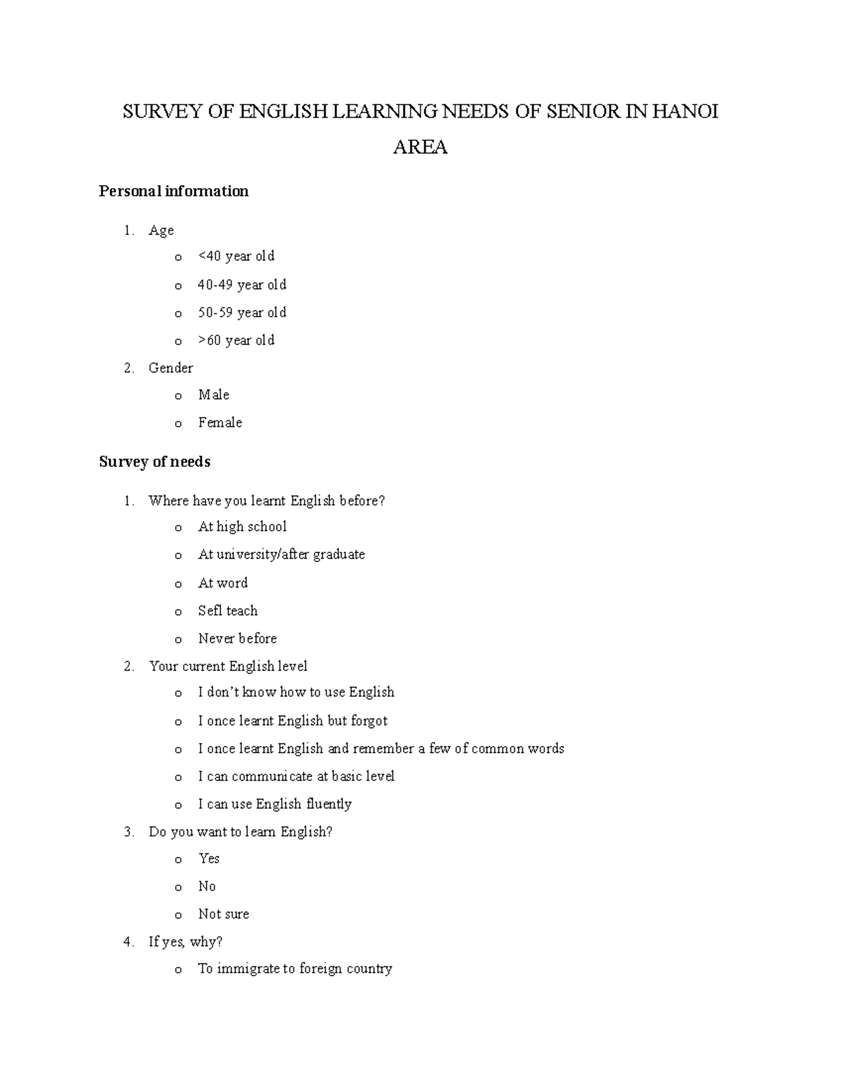 Survey OF English Learning Needs OF Senior IN Hanoi AREA - SURVEY OF ...