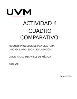 A5 Proceso de manufactura - ACTIVIDAD 5 EJERCICIO. MODULO: PROCESOS DE MANUFACTURA UNIDAD 2 ...