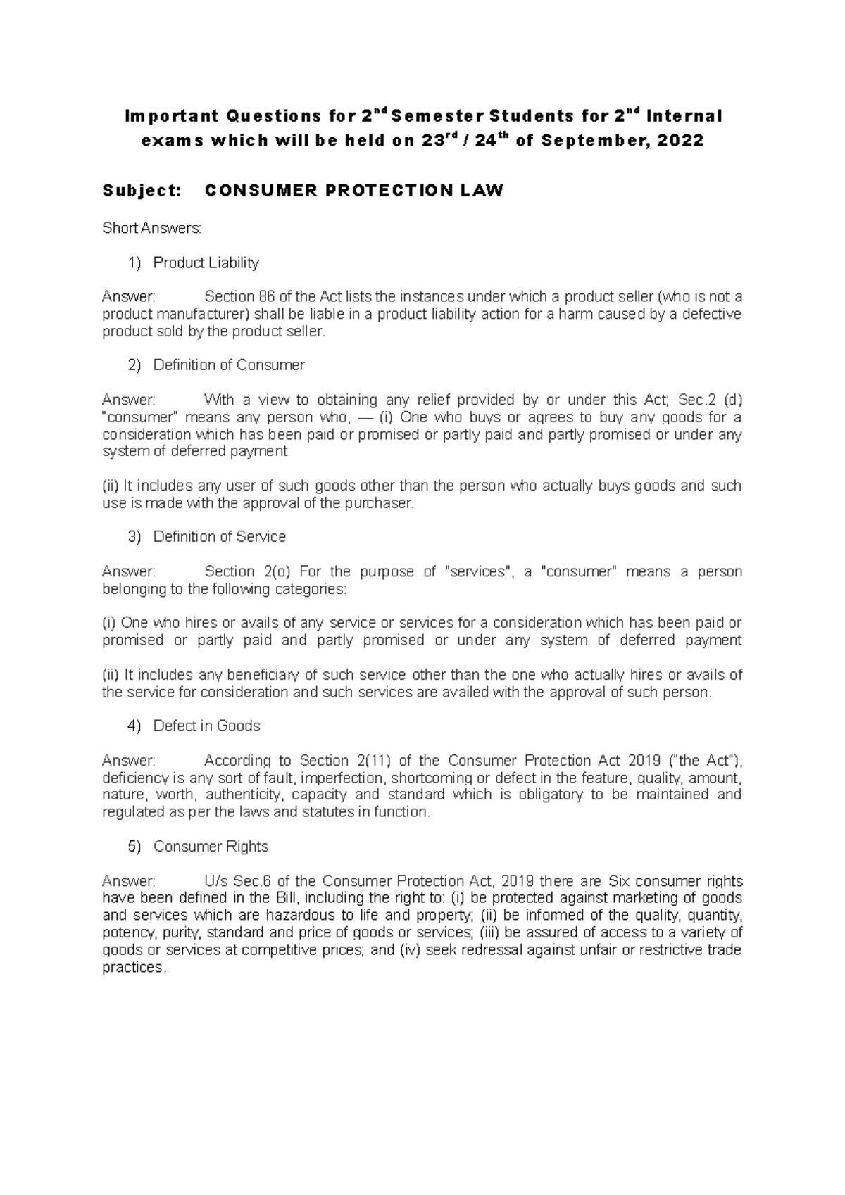 Consumer Protection LAW - 2nd Internal - Important Questions for 2 nd ...