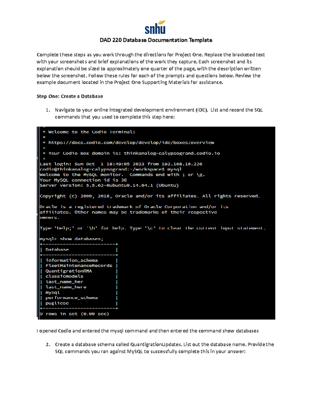 DAD 220 6-1 Database Documentation - Replace the bracketed text with your screenshots and brief ...