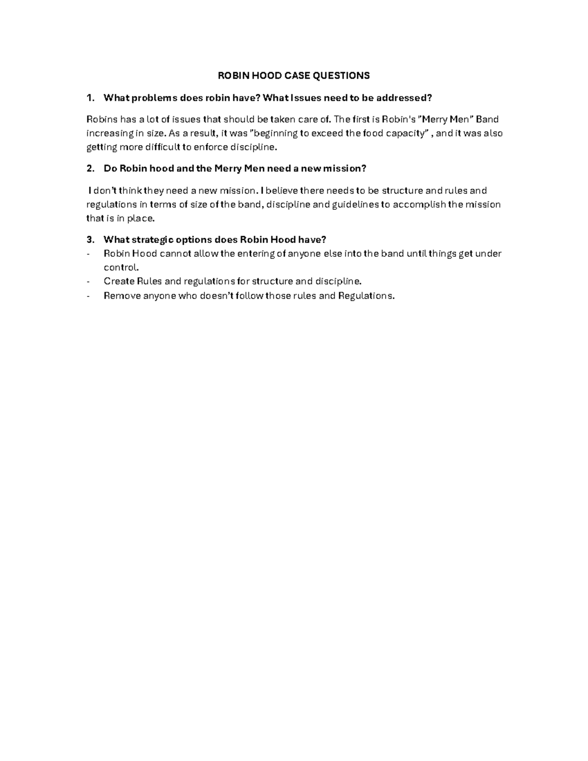 Robin HOOD CASE Questions - ROBIN HOOD CASE QUESTIONS What problems ...