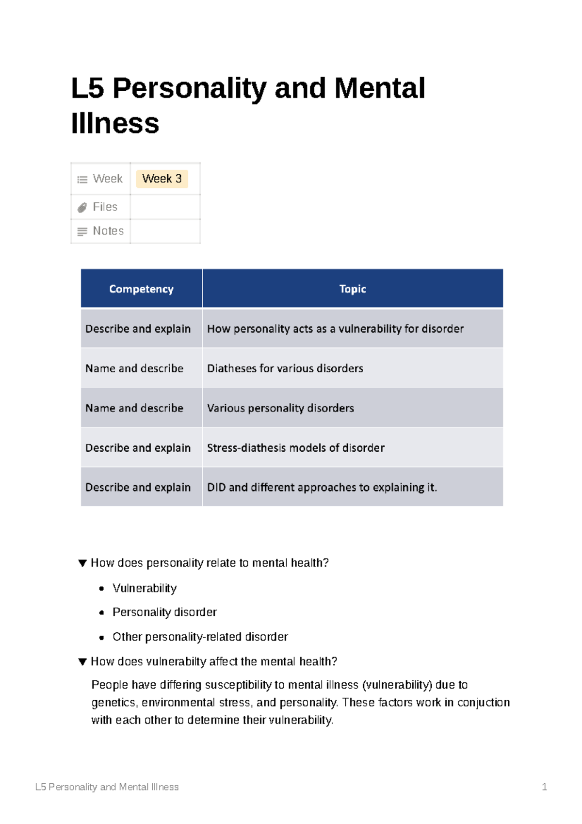 L5 Personality and Mental Illness NOTES - L5 Personality and Mental ...
