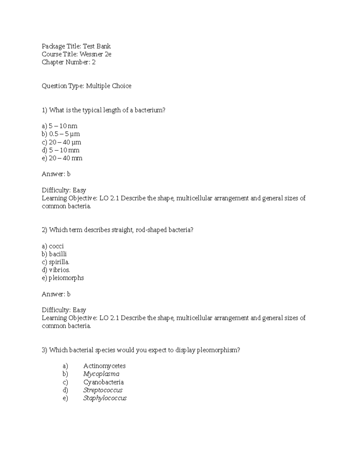Bio chapter 2 test - Package Title: Test Bank Course Title: Wessner 2e ...