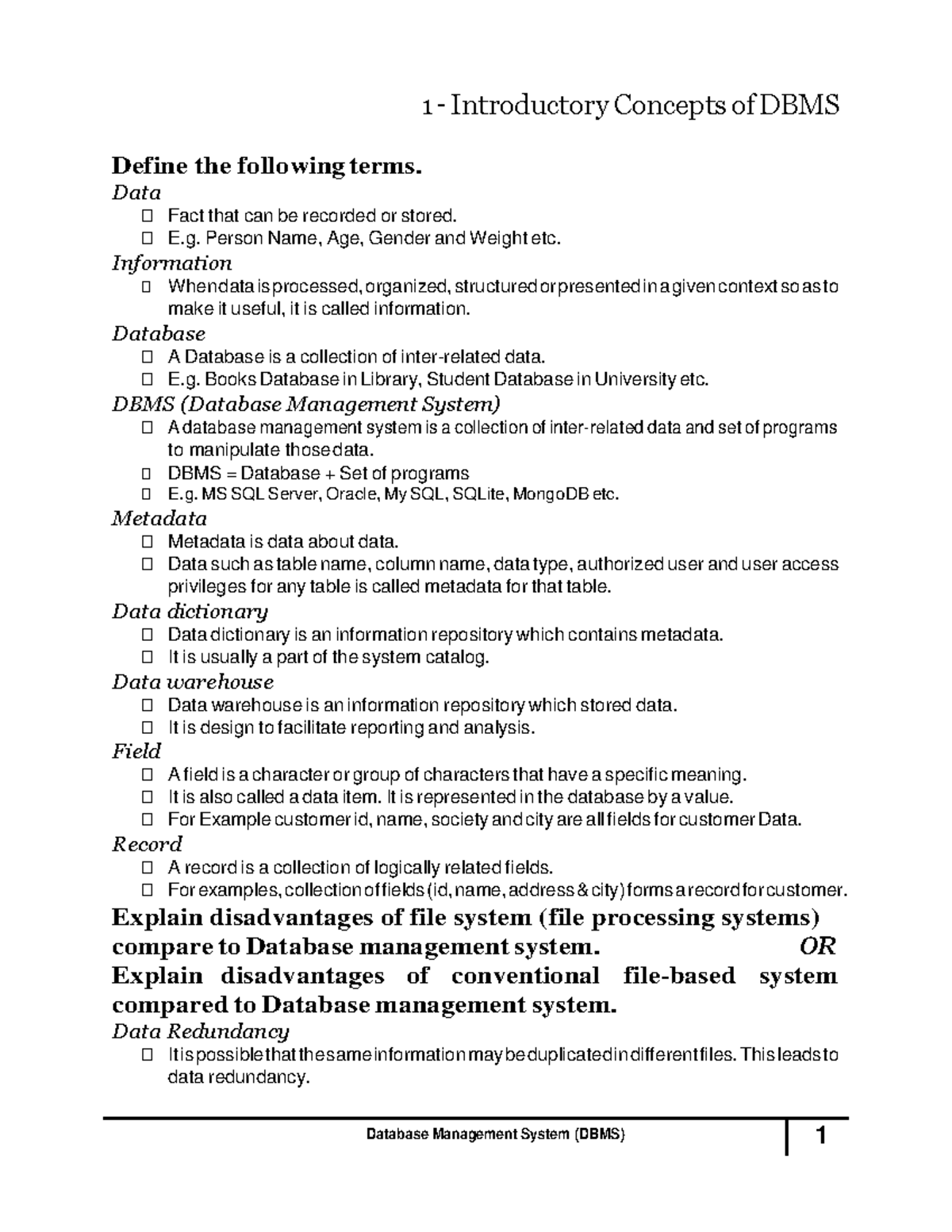 Dbms(notes) - notes - 1 – Introductory Concepts of DBMS Define the ...