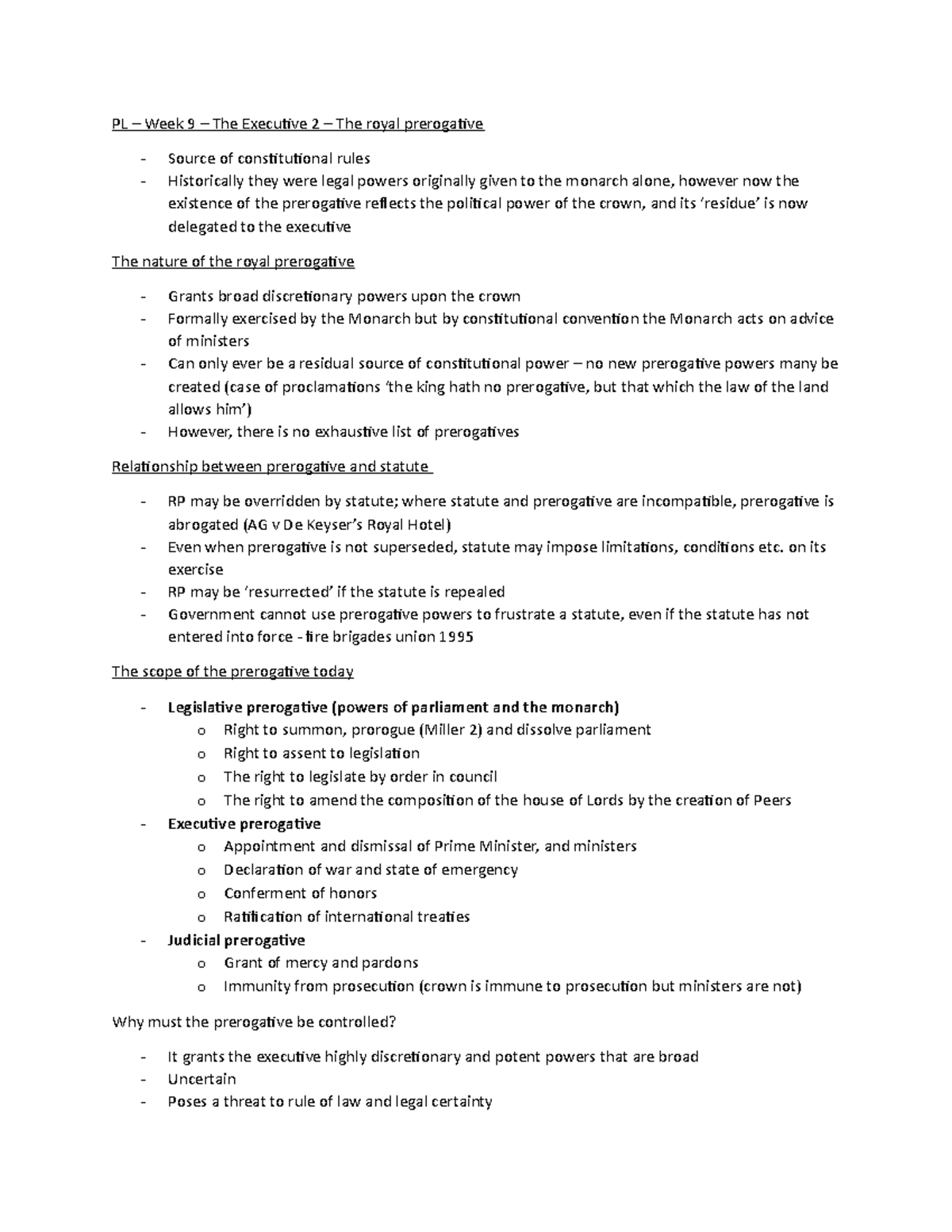 PL - Week 9 - The executive 2 - the royal prerogative - PL – Week 9 ...