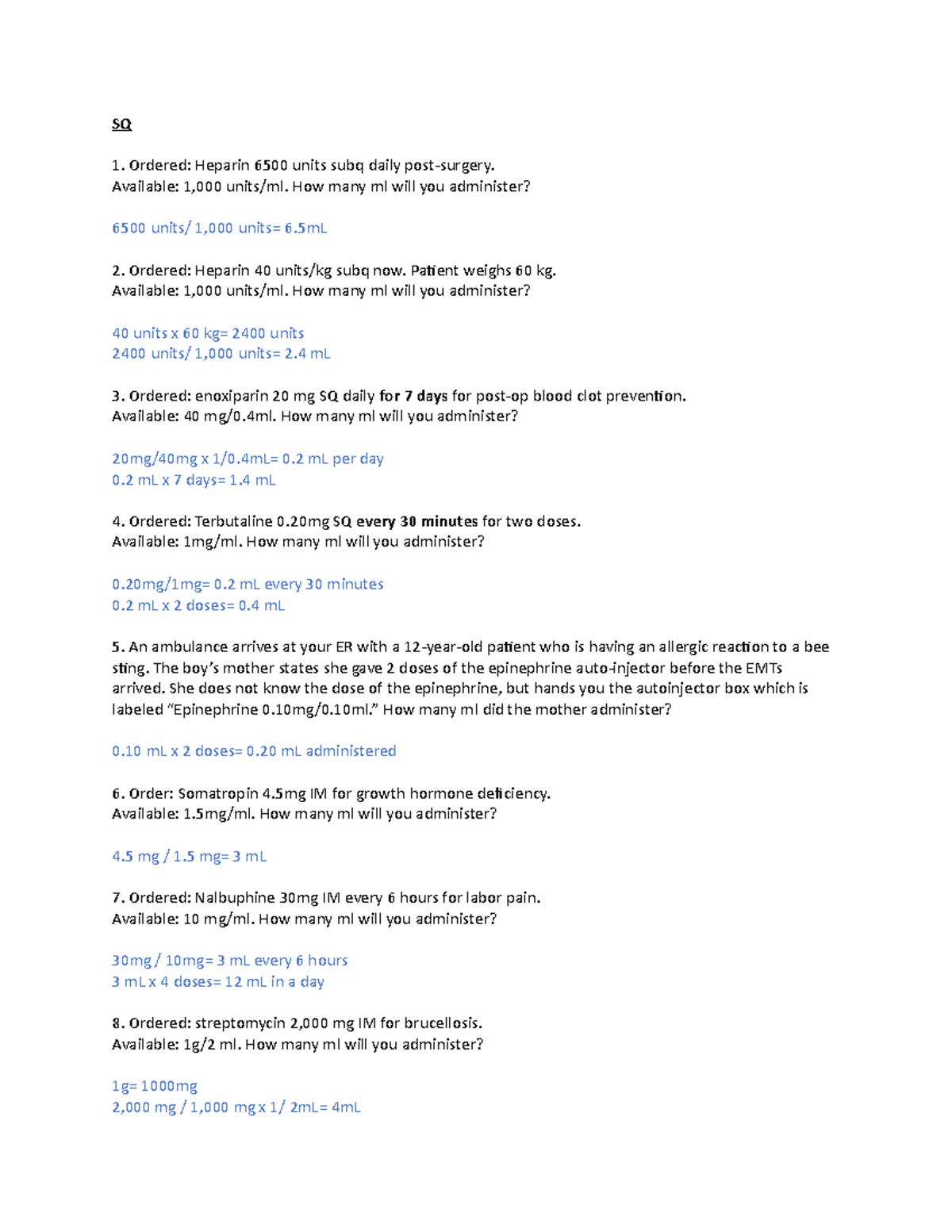 Injection 1 - med math practice - SQ Ordered: Heparin 6500 units subq ...