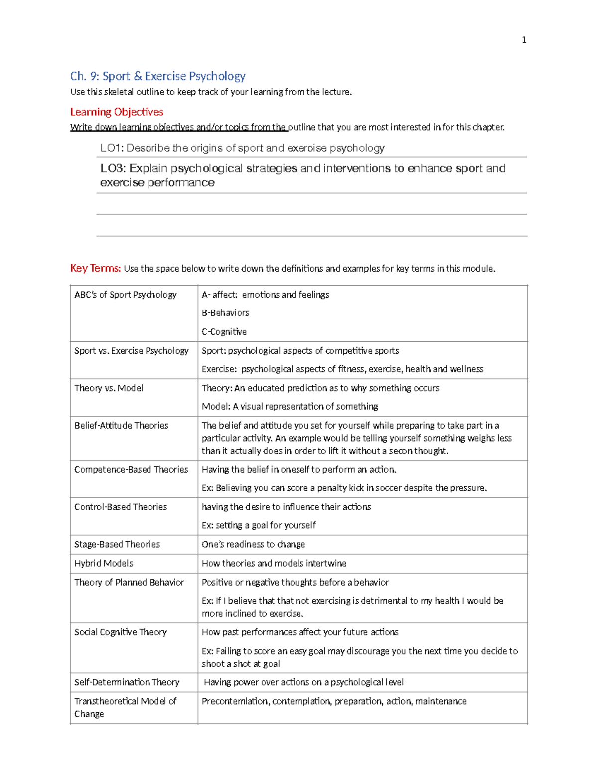 Ch9 Guided Notes Psychology - 1 Ch. 9: Sport & Exercise Psychology Use ...