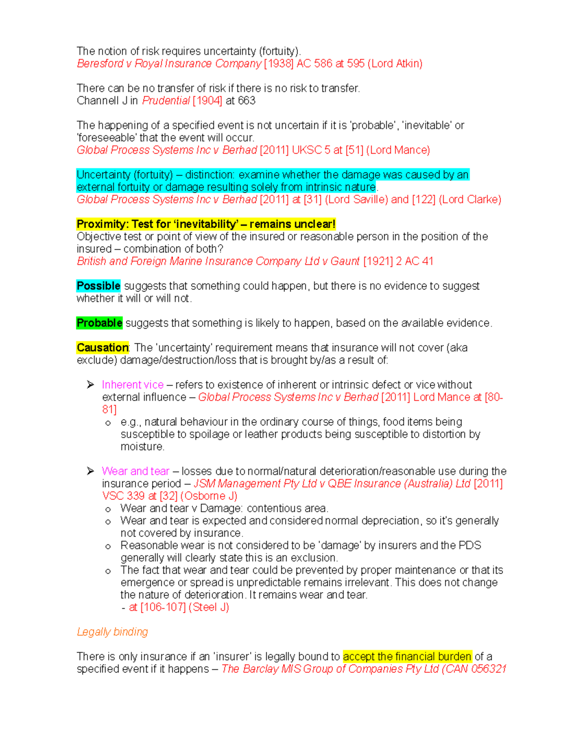 Part 6 week 1 Insurance Law reading - The notion of risk requires ...
