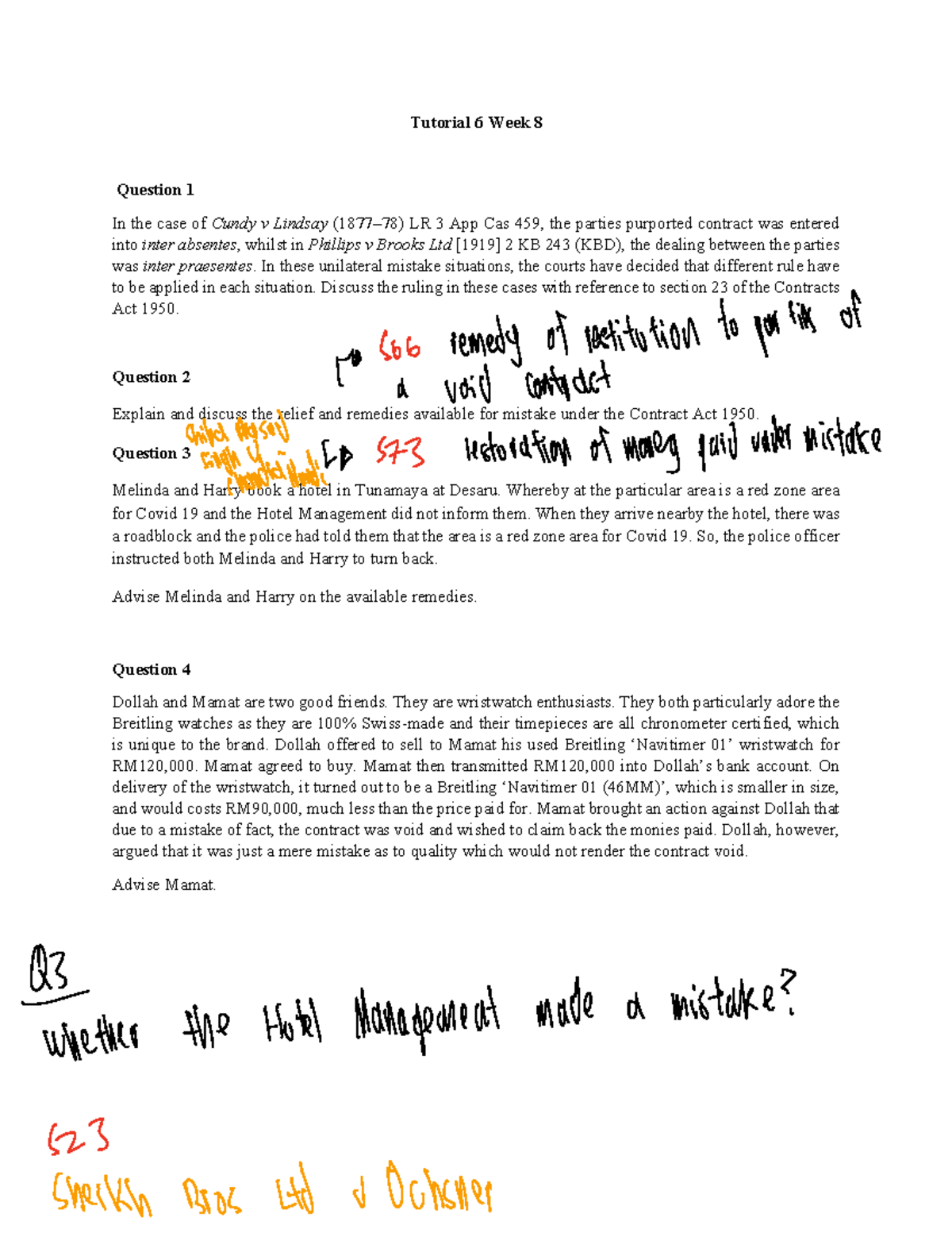 Tutorial 6 Week 8 contract - Tutorial 6 Week 8 Question 1 In the case of Cundy v Lindsay (1877 ...