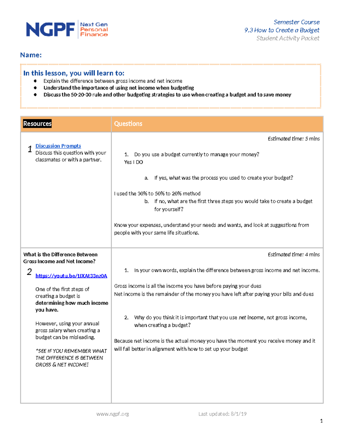 finance assignment - Semester Course 9 How to Create a Budget Student ...