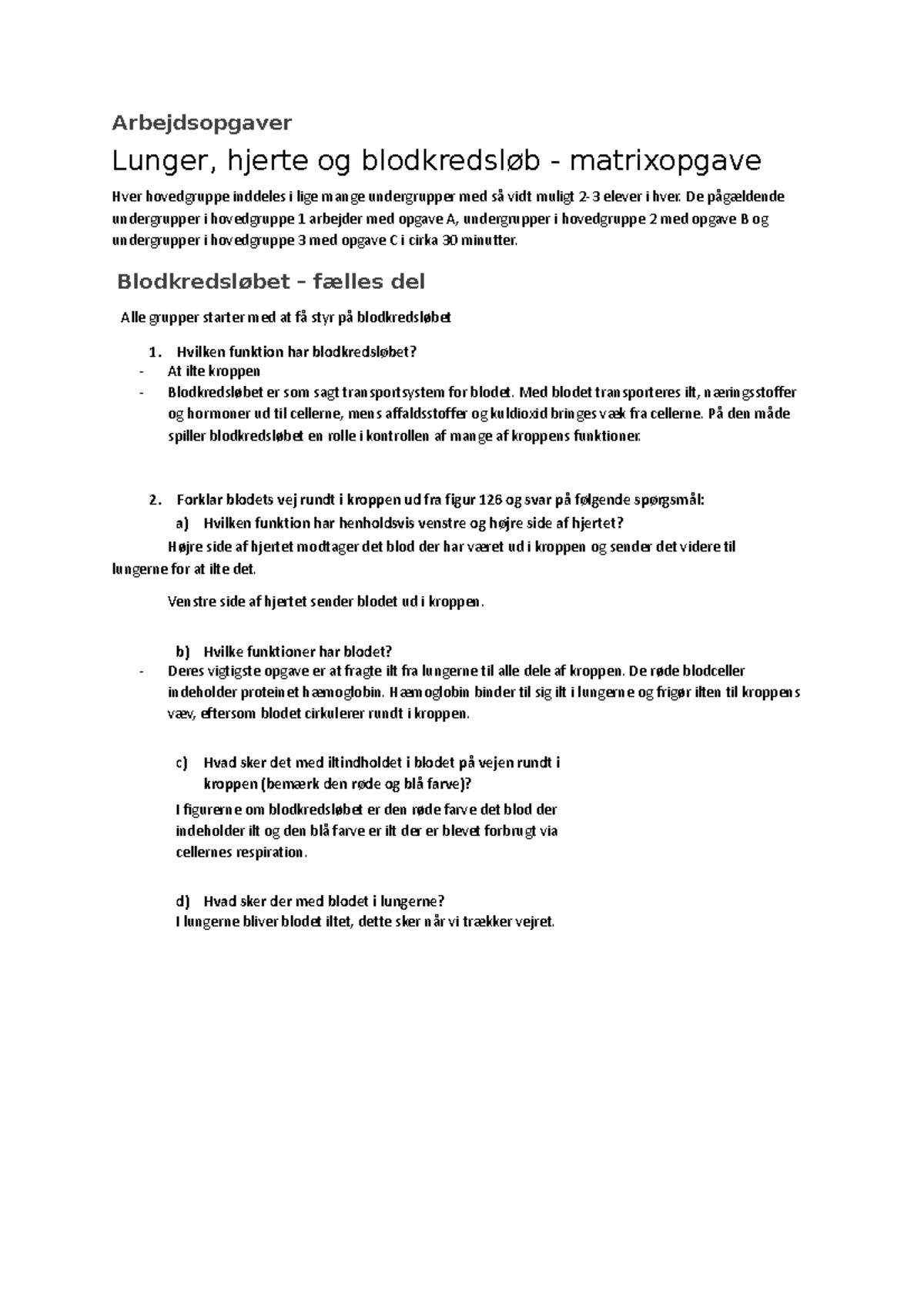 Lunger, hjerte og blodkredsløb - Arbejdsopgaver Lunger, hjerte og ...