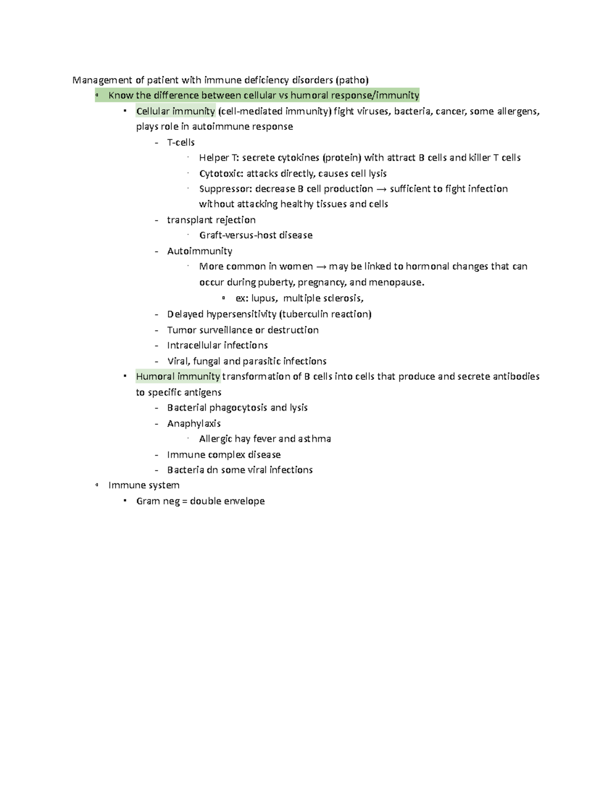 Immune - immunology class notes + PrepU notes - Management of patient ...