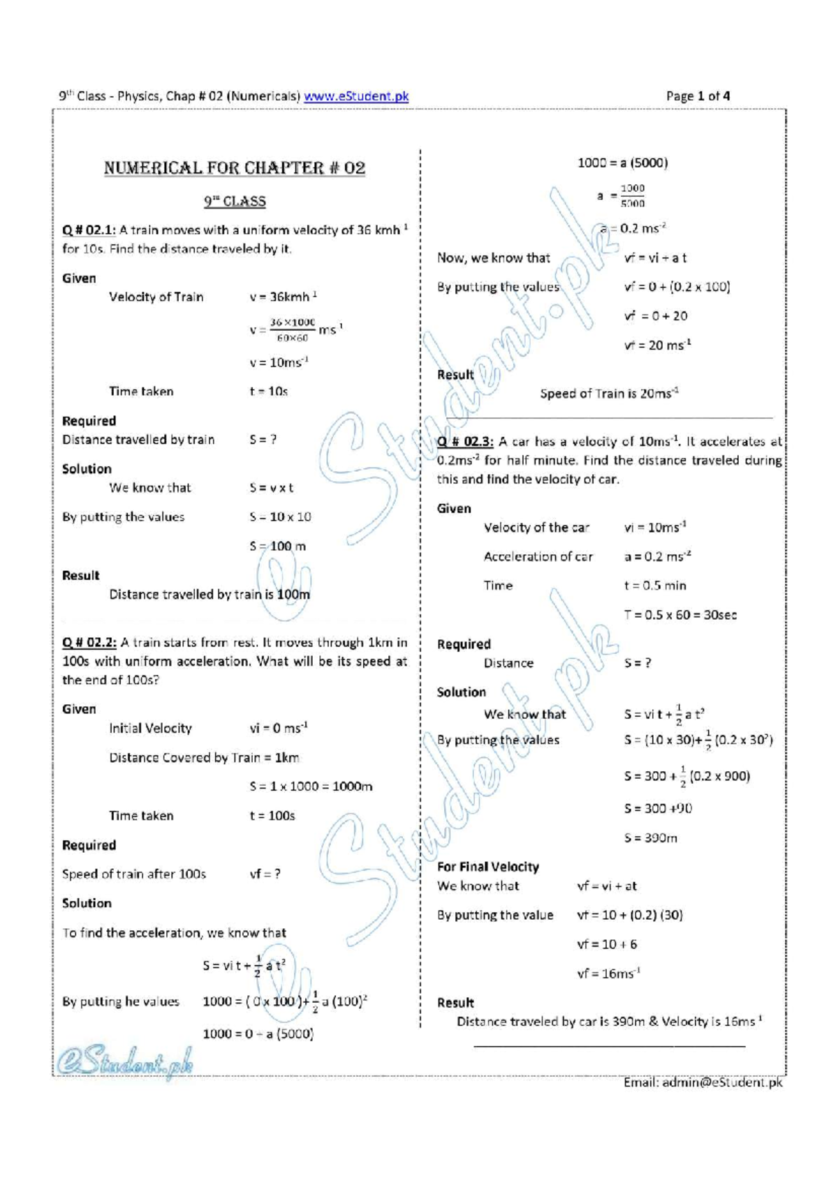 Physics Numerical Ch # 02, 9th by e Student - physical Mechanics - Studocu