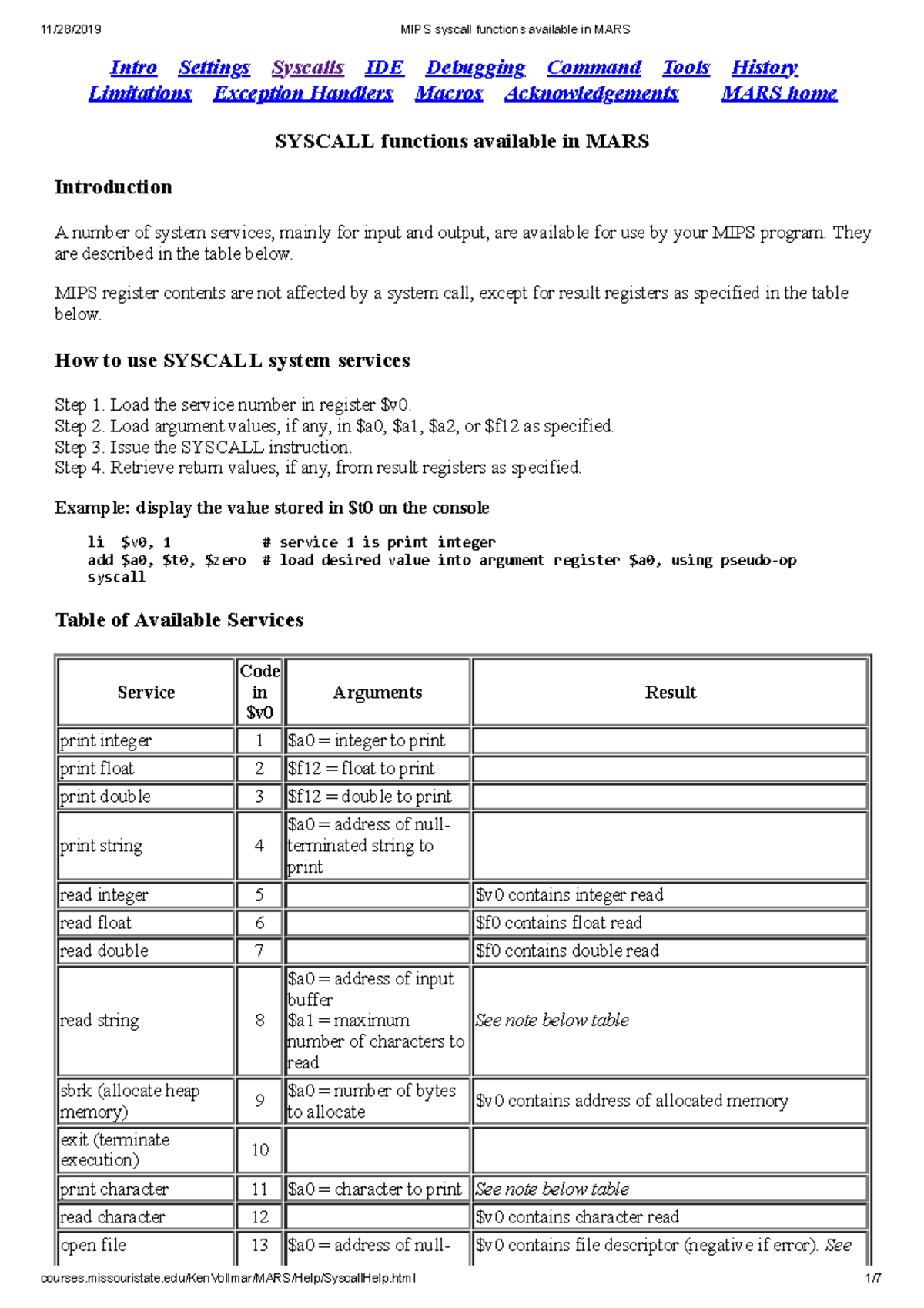 Syscall Mips Intro Settings Syscalls Ide Debugging Command Tools History Limitations Exception