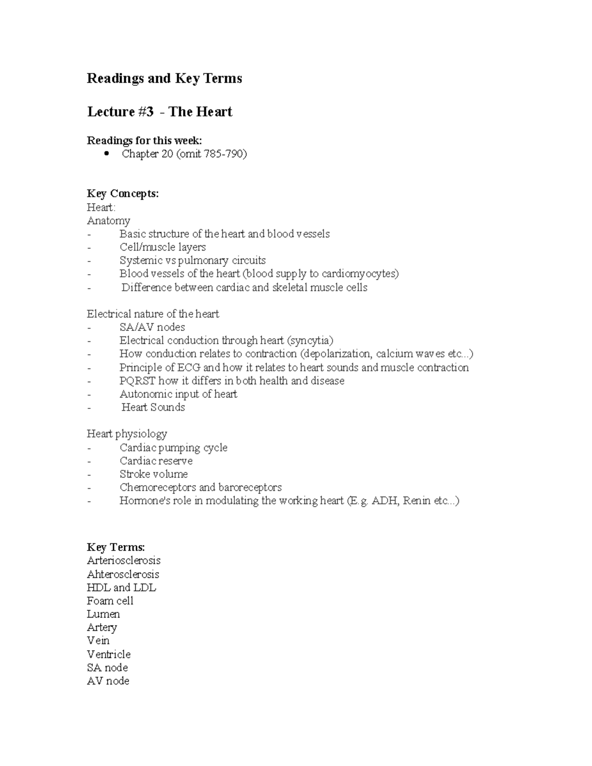 Lecture 3 readings - Readings and Key Terms Lecture #3 - The Heart ...